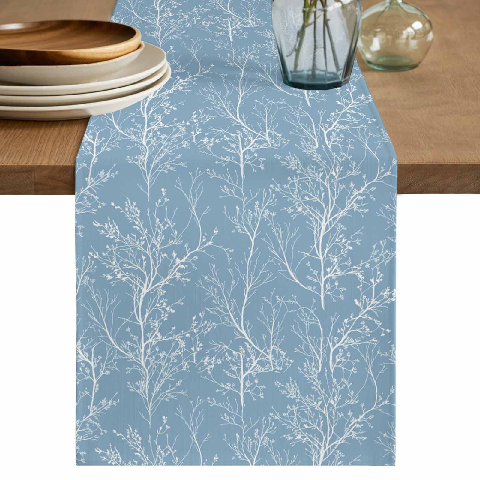 Blue Botanical Table Runner, Vintage Floral Plants Branch Washable ...