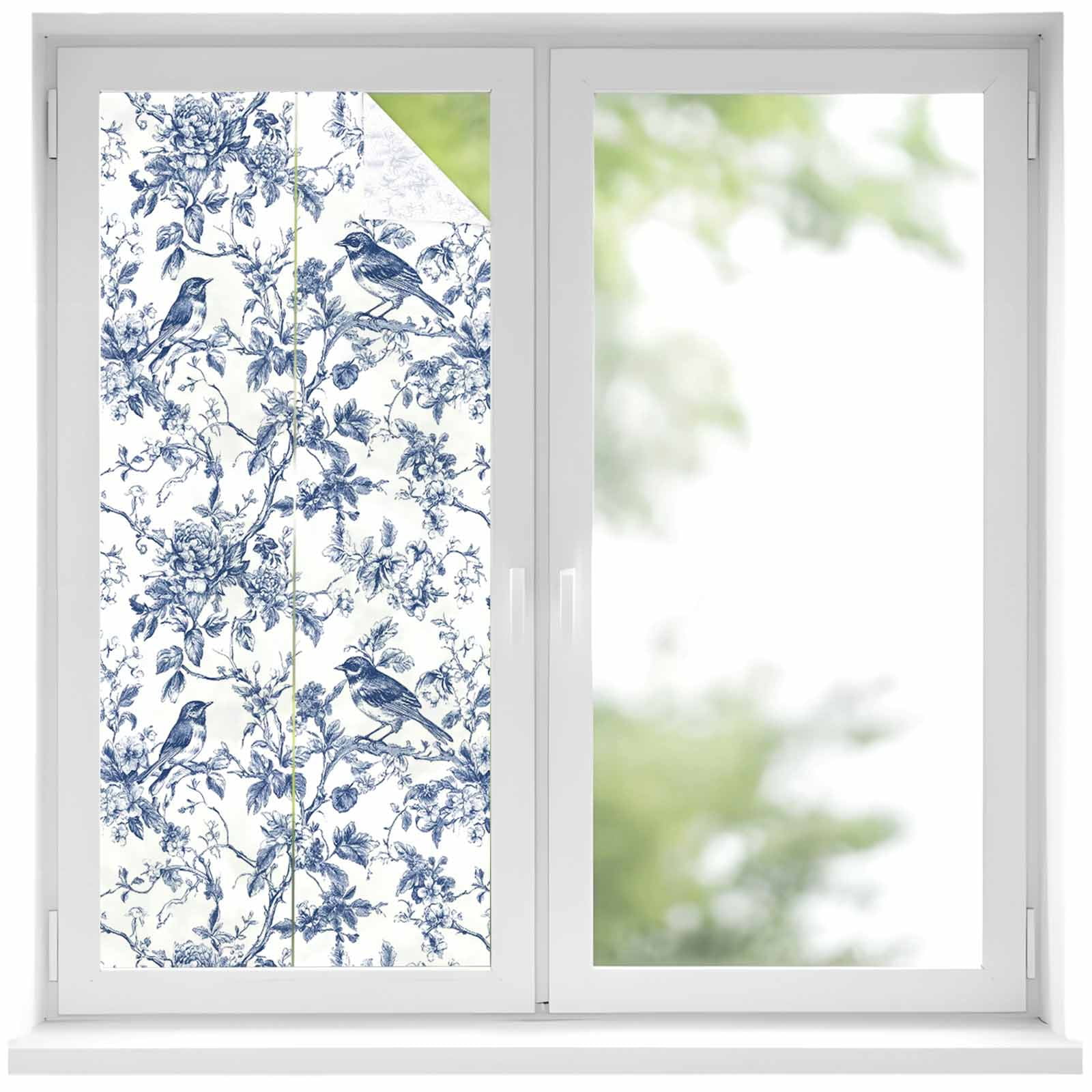 Blue Botanical Window Privacy Film, Vintage Botanical Birds Static ...
