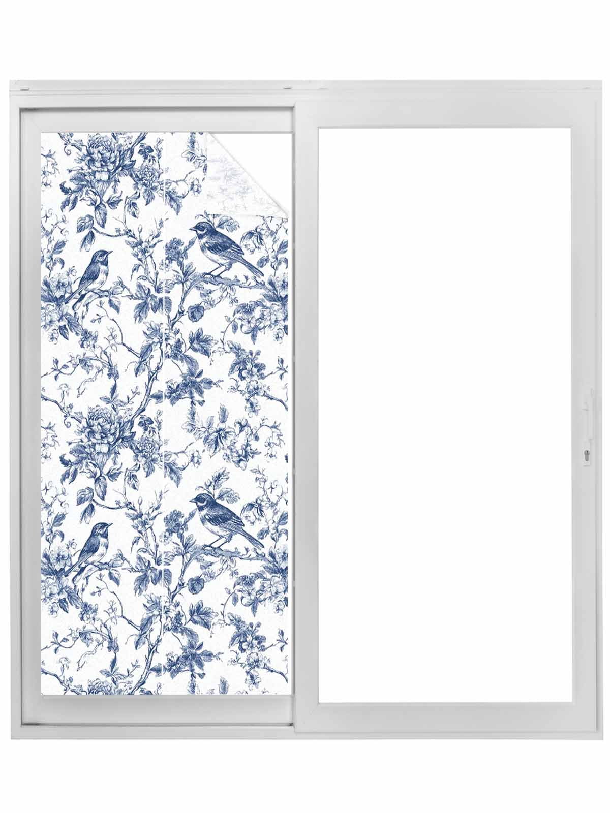 Blue Botanical Window Privacy Film, Vintage Botanical Birds Static ...