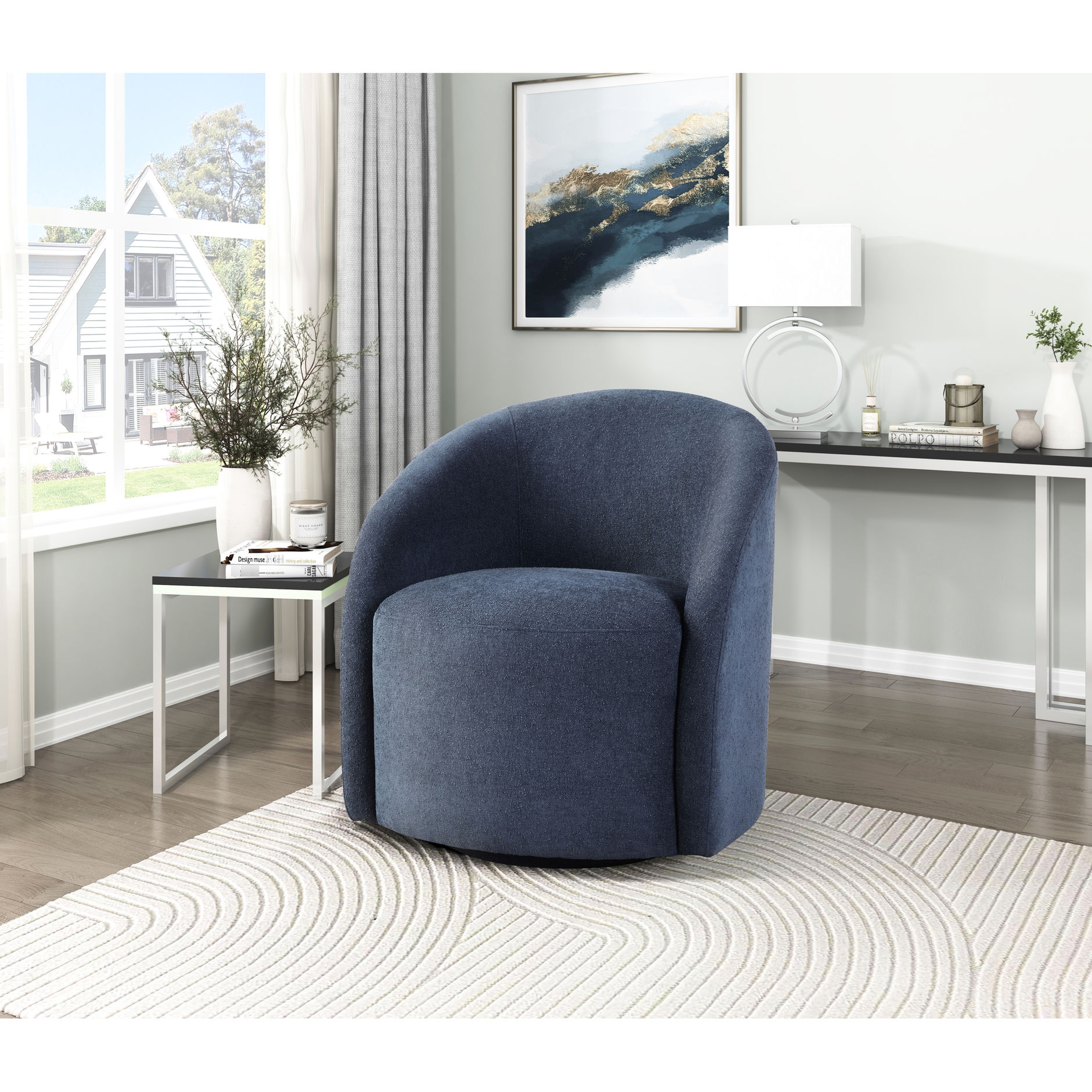 Blue Boucle 360-Degree Swivel Barrel Chair | For Primary Living Areas ...