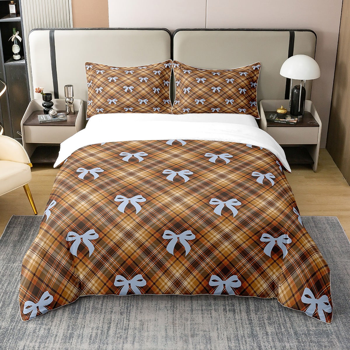 Blue Bow 100% Cotton Duvet Cover King Size,Brown Grid Patchwork Bedding ...