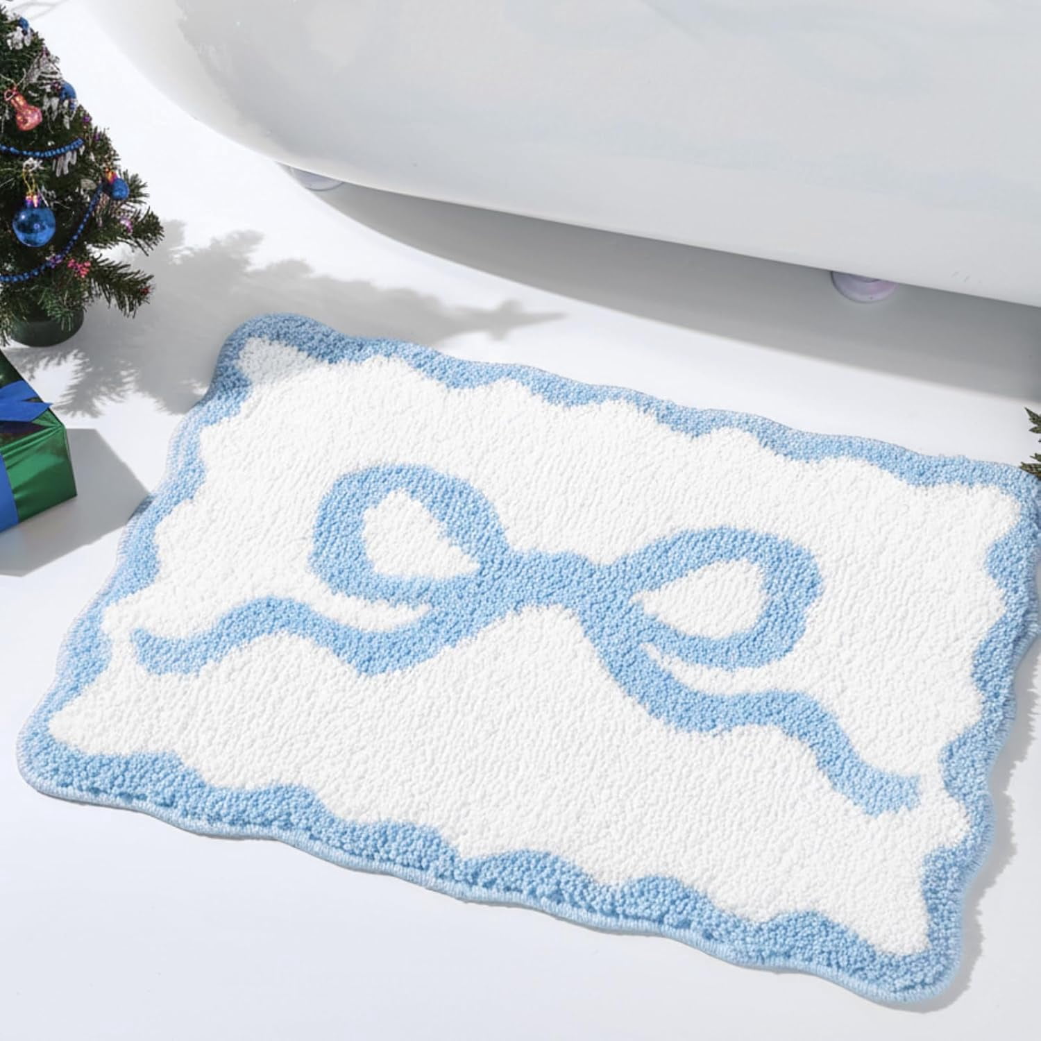 Blue Bow Bathroom Rug 16" x 24" Scalloped Bow Bath Mat Non Slip ...