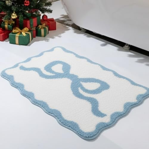 Blue Bow Bathroom Rug 20" x 32" Scalloped Bow Bath Mat Non Slip ...