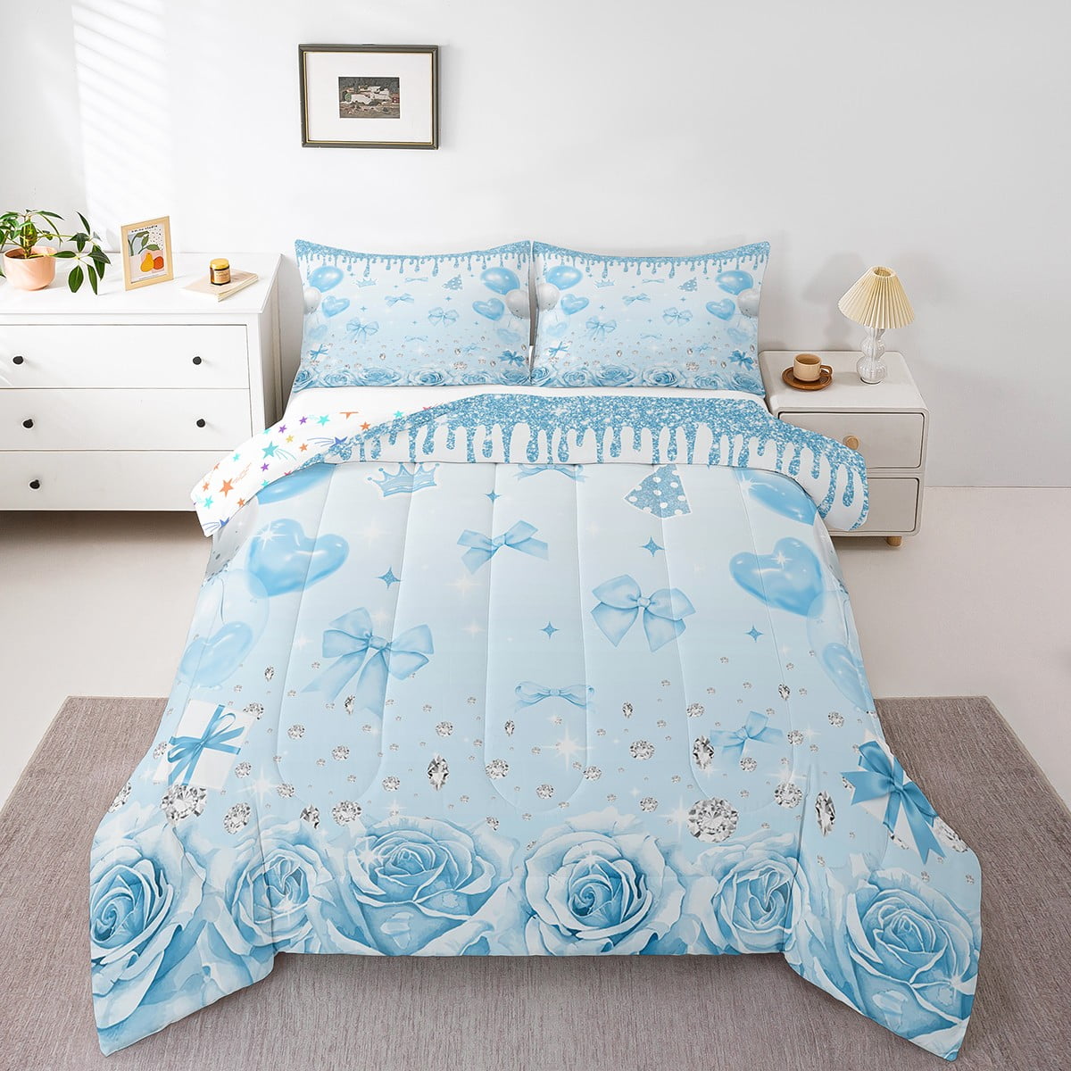 Blue Bow Bedding Set Twin Size,Blue Rose Flower Comforter Set Gifts ...