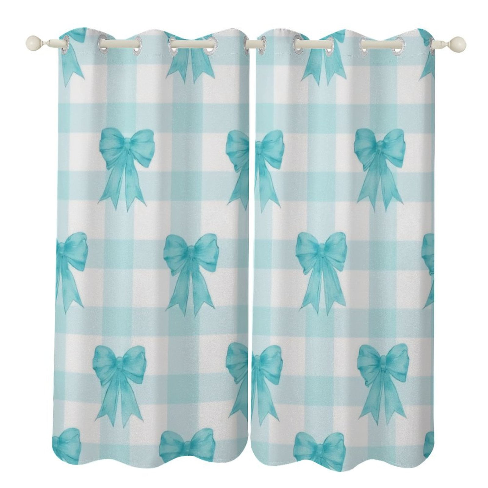 Blue Bow Checkered Pattern 2 Panels 3D Printing Pattern Curtain for Bedroom Living Room Kitchen ...