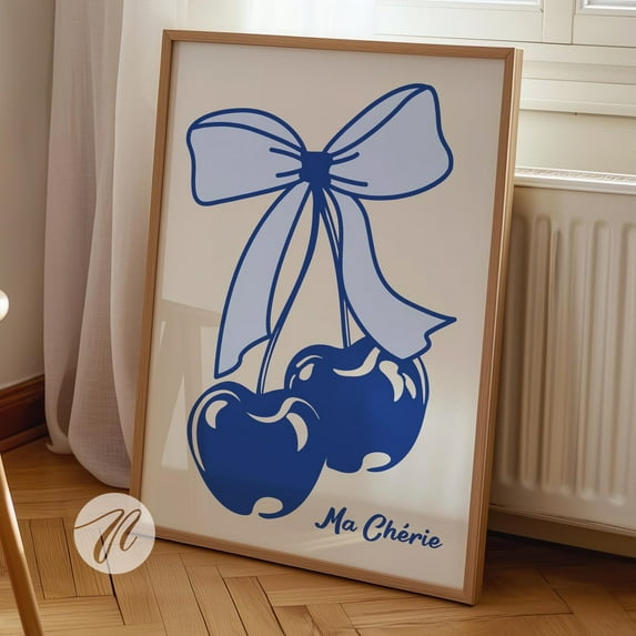 Blue Bow Cherry Print, Coquette Wall Art UNFRAMED PAPER POSTER, Home ...