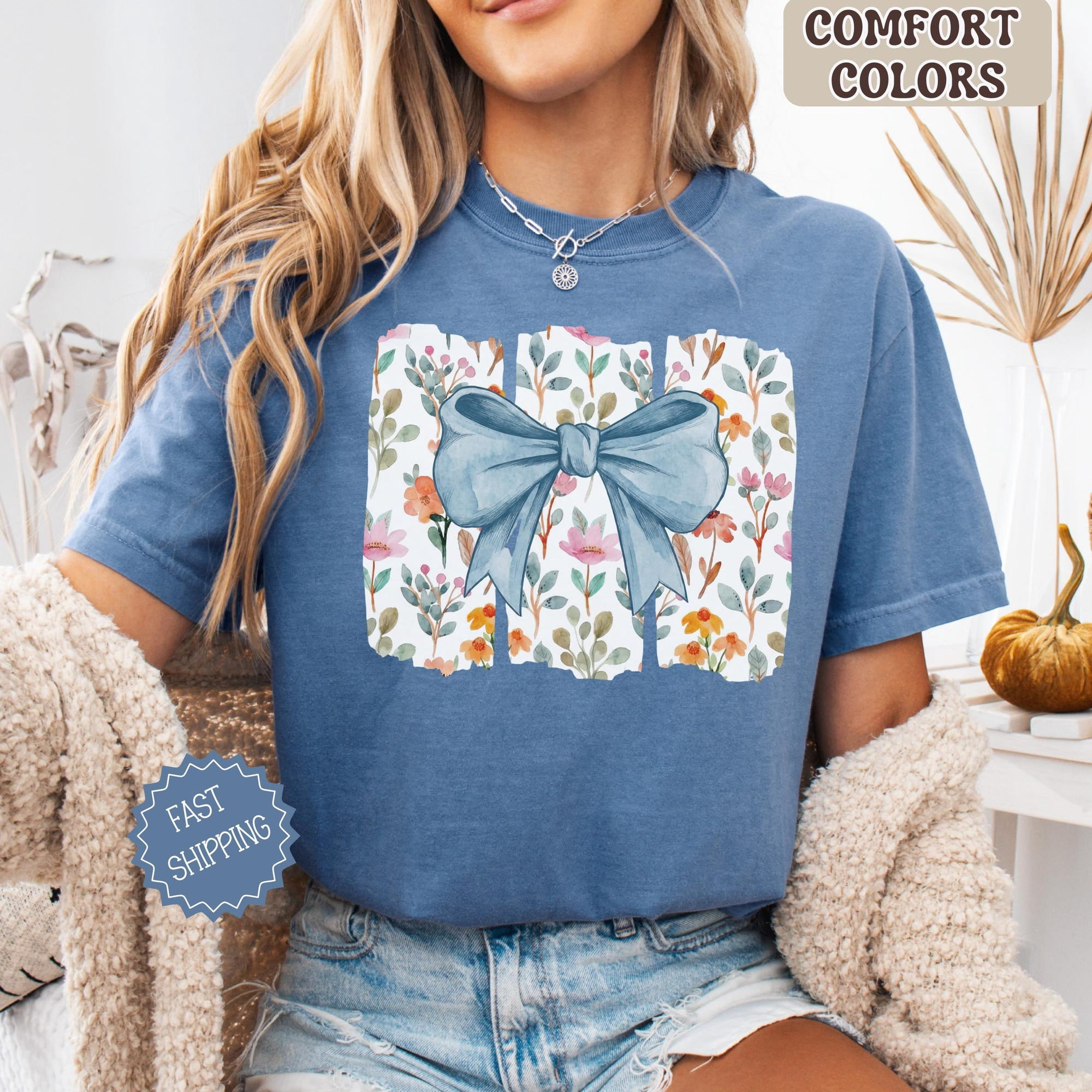 Blue Bow Coquette Shirt Floral Bow Aesthetic Tee Cottagecore Bow Shirt ...