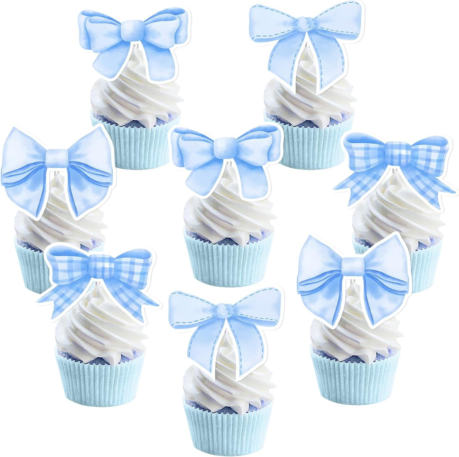 Blue Bow Cupcake Toppers Bow Themed Party Cake Decorations Double Sided ...