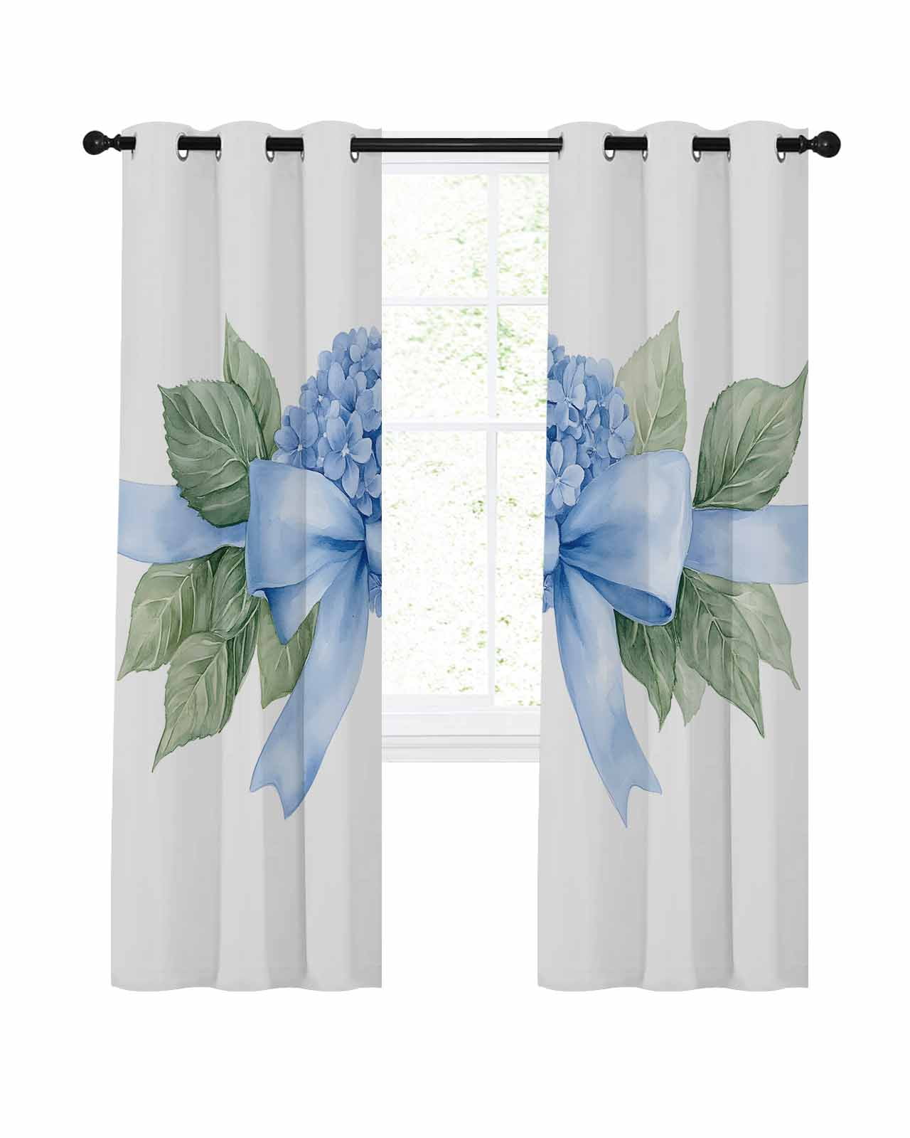 Blue Bow Hydrangea Blackout Curtains 72 Inch Length Spring Flower Green ...