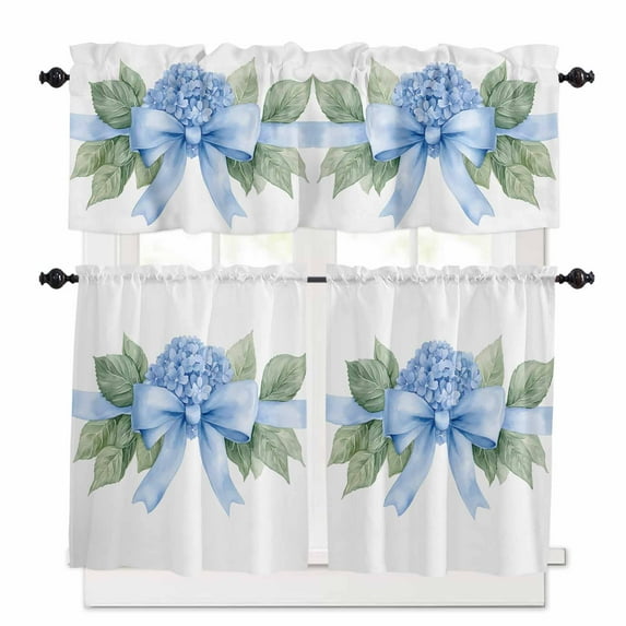 Blue Bow Hydrangea Kitchen Curtains Valances and Tiers Set of 3 Spring ...
