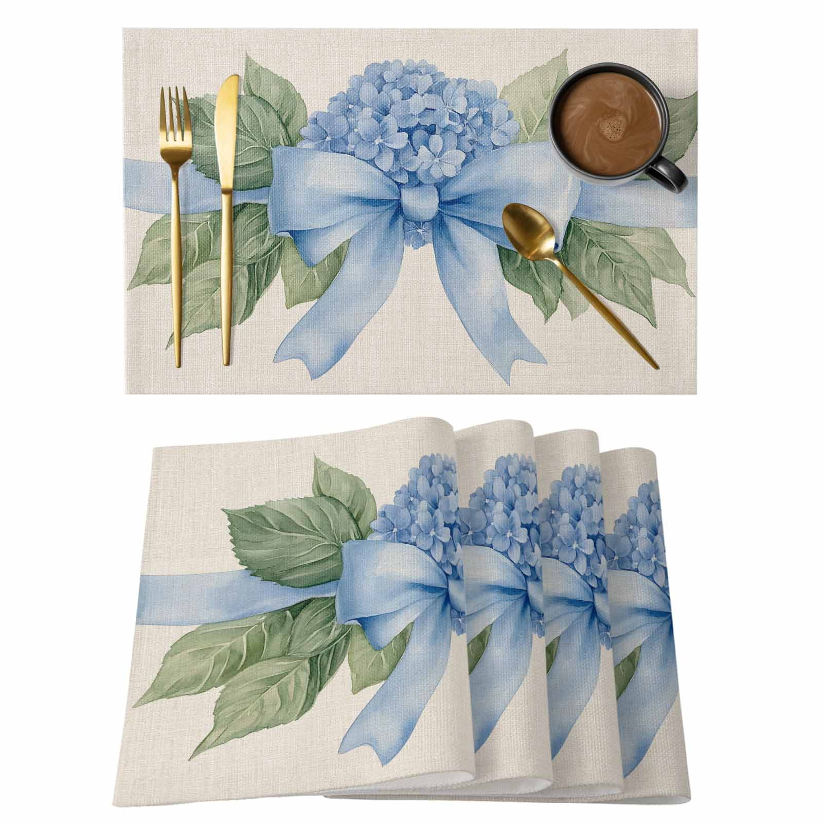 Blue Bow Hydrangea Placemats Set of 12, Spring Flower Green Leaf ...