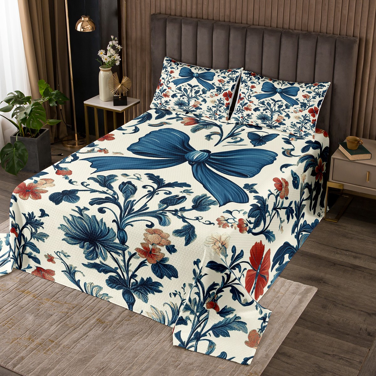 Blue Bow King Coverlet Set Rustic Botanical Flowers Leaves Natural Boho ...