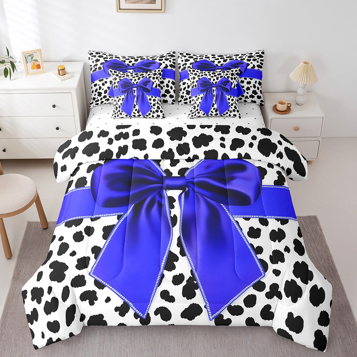 Blue Bow Knot Bedding Set Full Size, Cowhide Pattern Bows Soft ...