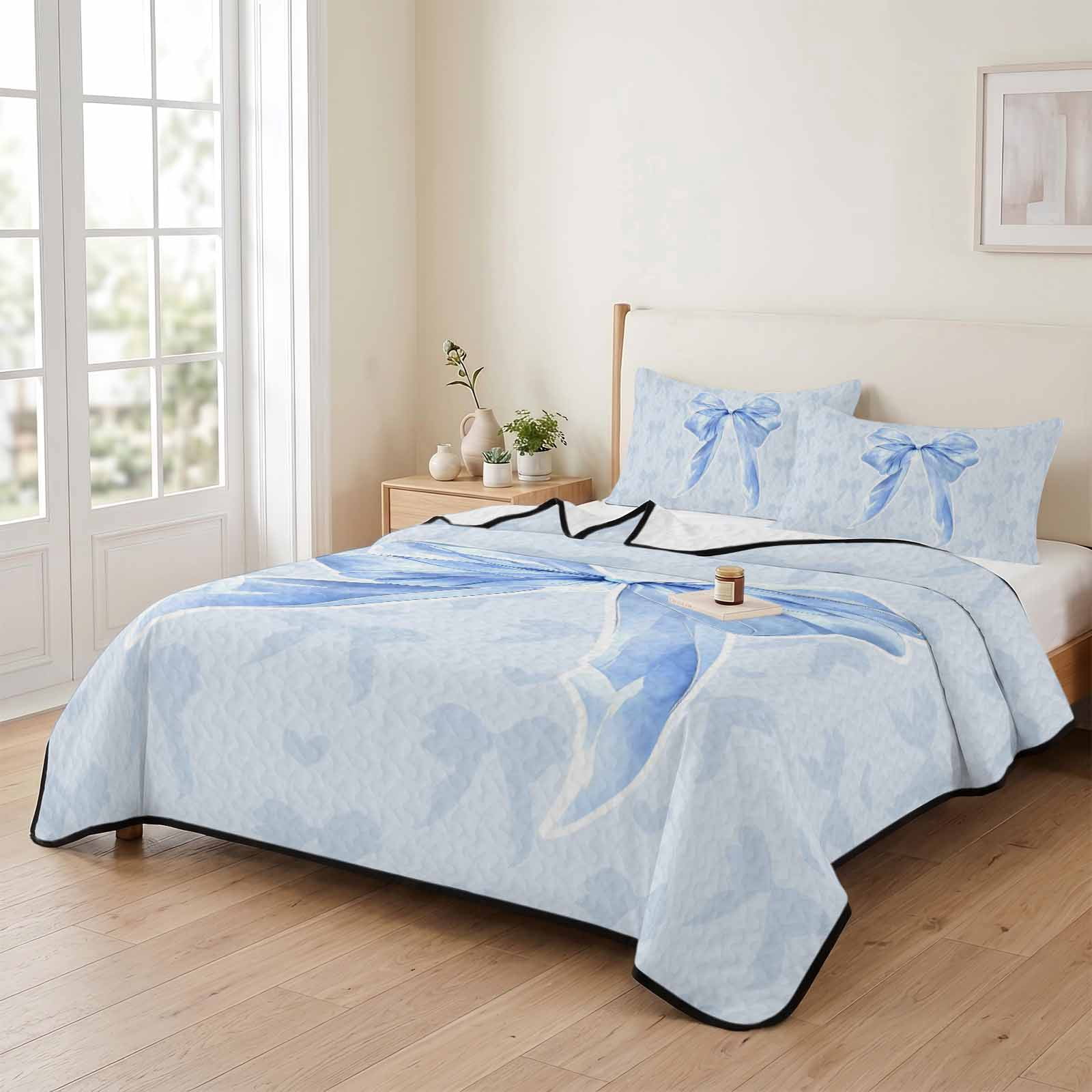Blue Bow Love Heart 3 Pieces Quilt Set,1 Quilt with 2 Shams,Seamless ...