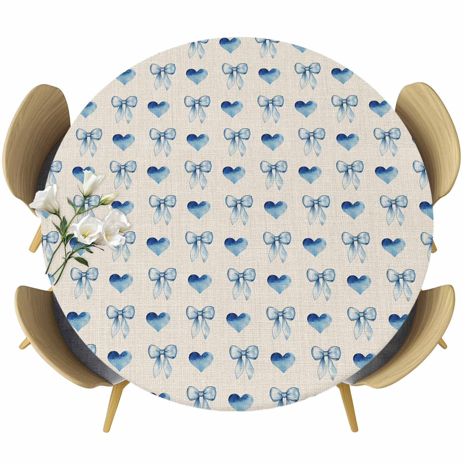 Blue Bow Love Round Tablecloth 45-54 Inch Round Fitted Table Cloth with ...