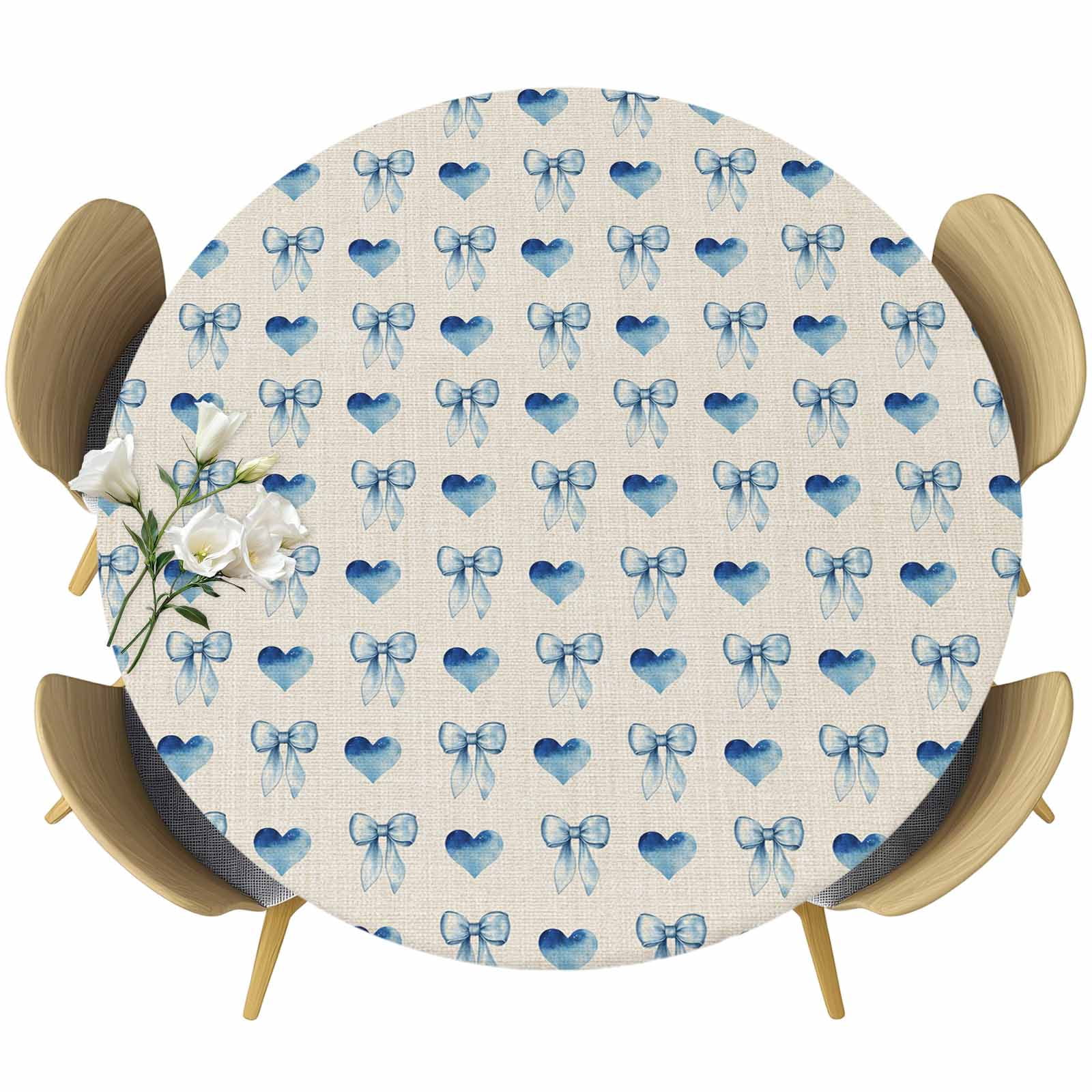 Blue Bow Love Round Tablecloth, Fitted Table Cover with Elastic for 45 ...