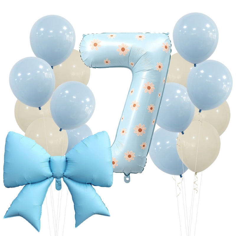 Blue Bow Number Birthday Balloon Set, Balloons with Stickers Party ...