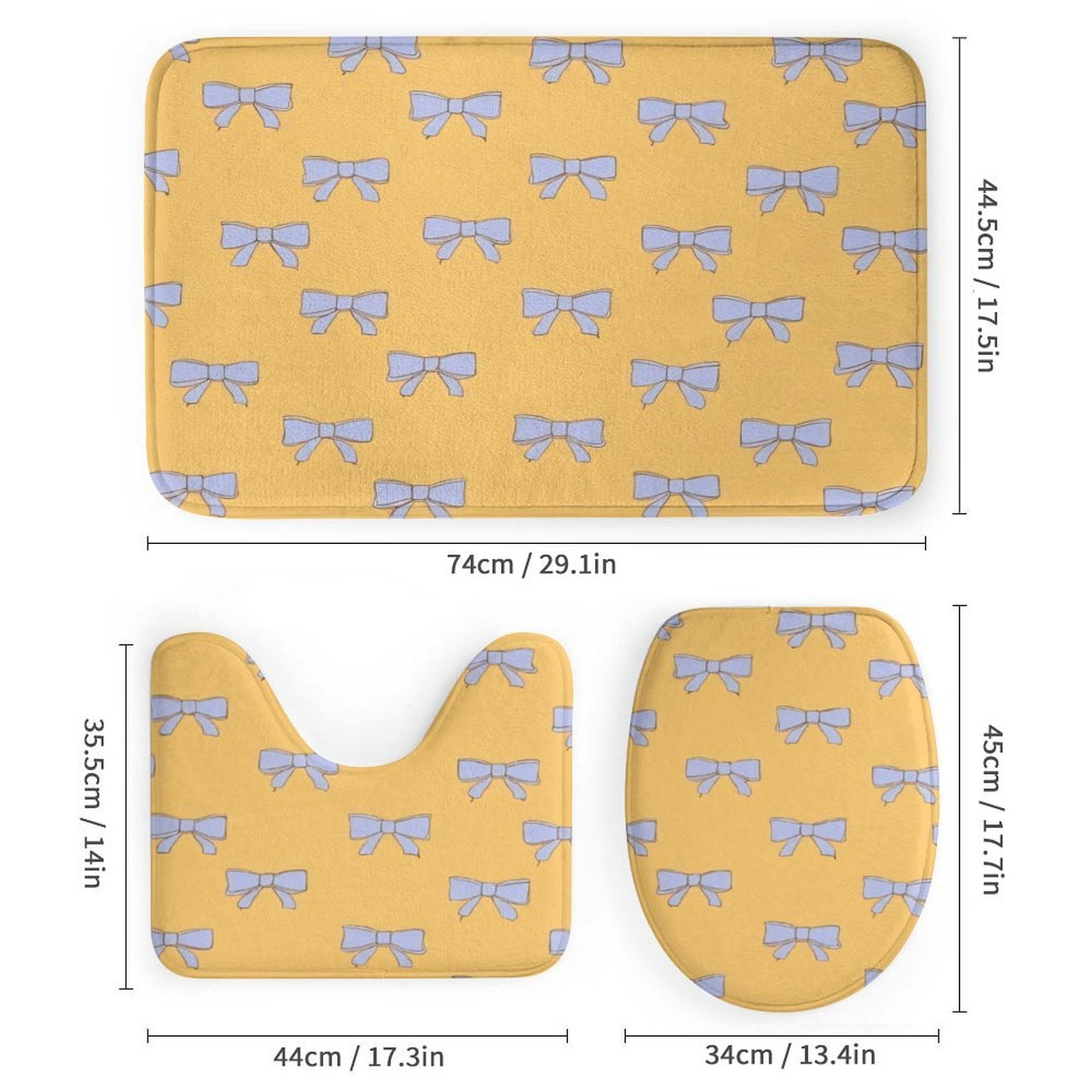 Blue Bow Pattern on Yellow Background Bathroom Rugs Sets 3 Piece Toilet ...