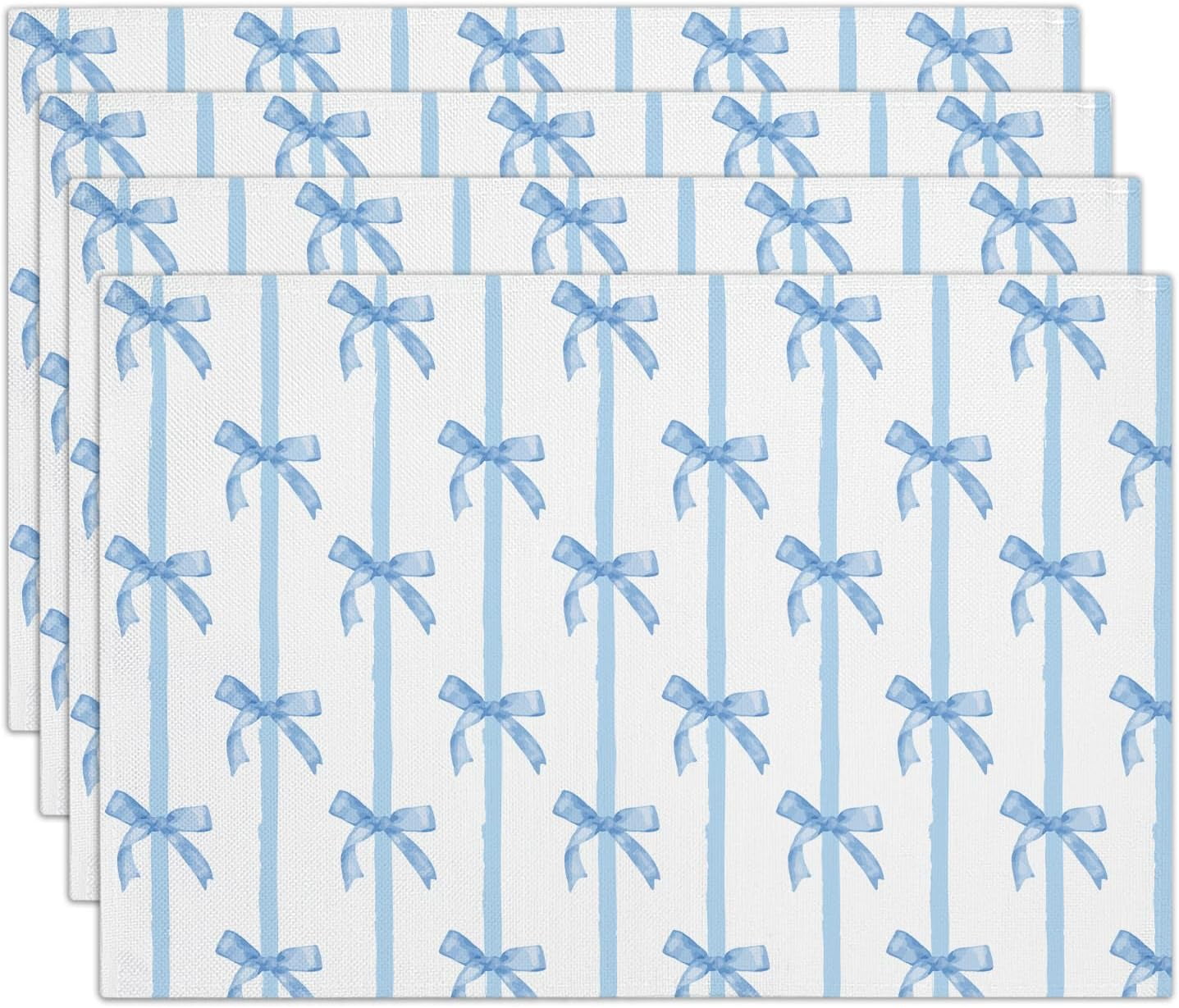 Blue Bow Placemats Set of 4, 12x18 Inch Waterproof Washable Heat ...
