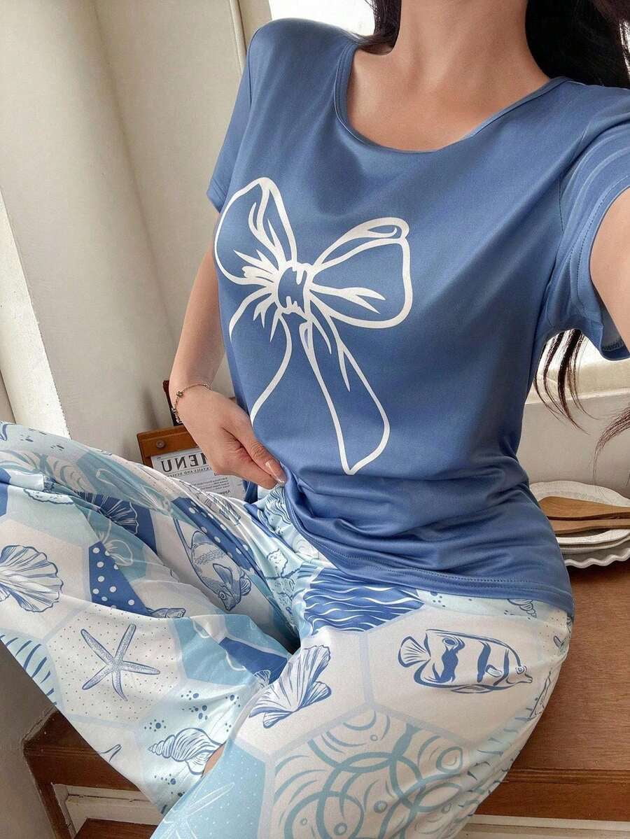 Blue Bow Print Short Sleeve Top And Pants Women Pajama Set - Walmart.com