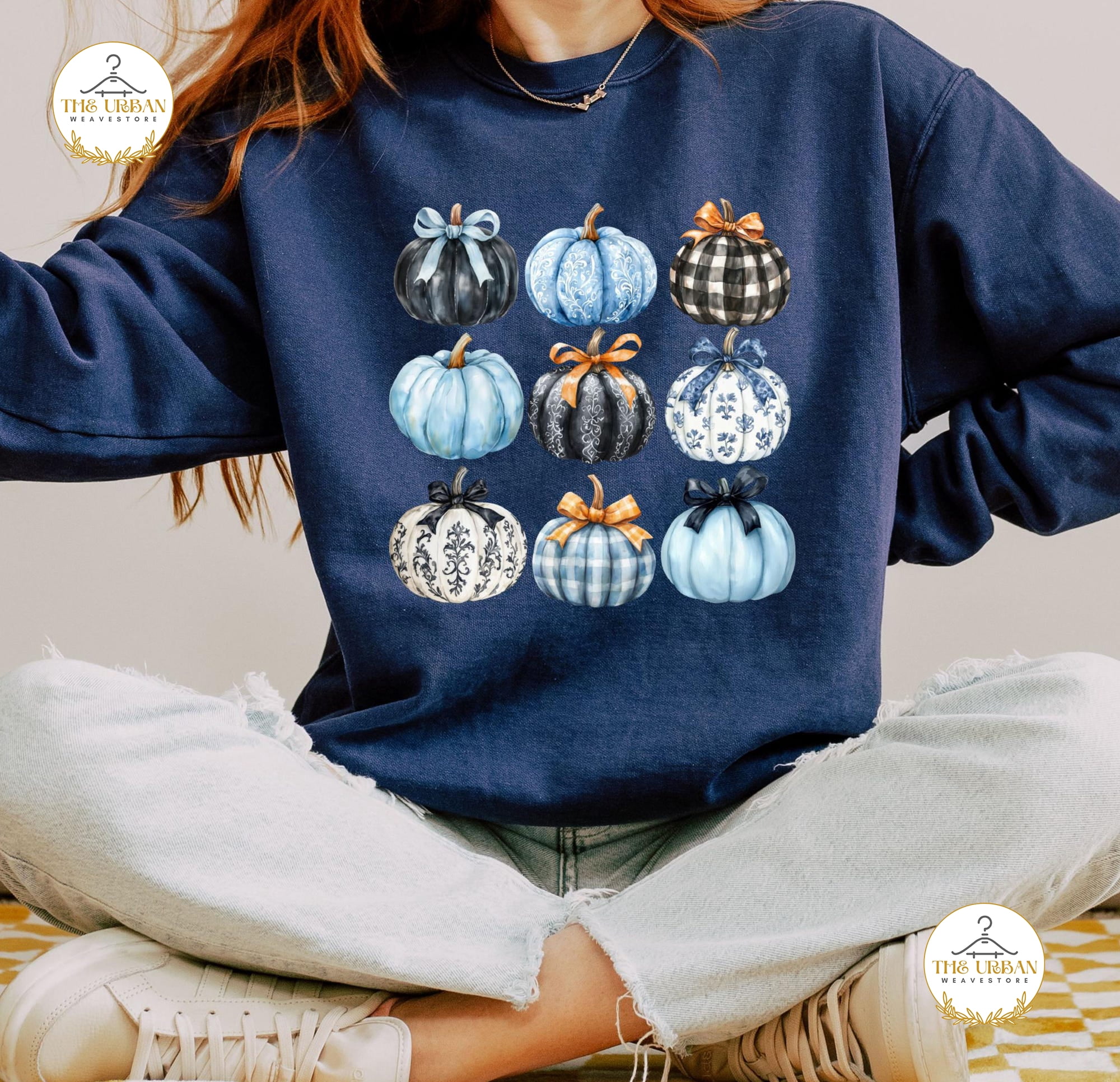 Blue Bow Pumpkin T-shirt Fall T-shirt For Women Autumn T-shirt ...