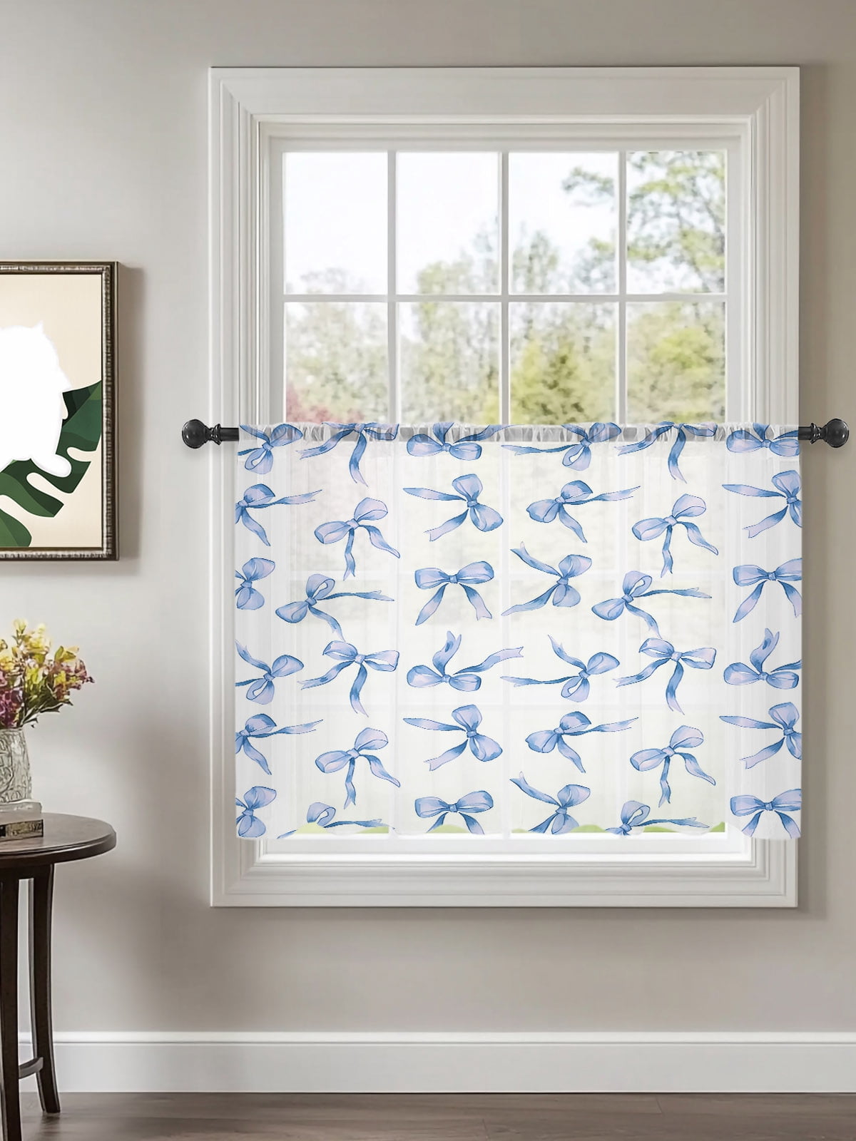 Blue Bow Sheer Curtains 45 Inch Long 1 Panel Watercolor Bow Retro Cute ...