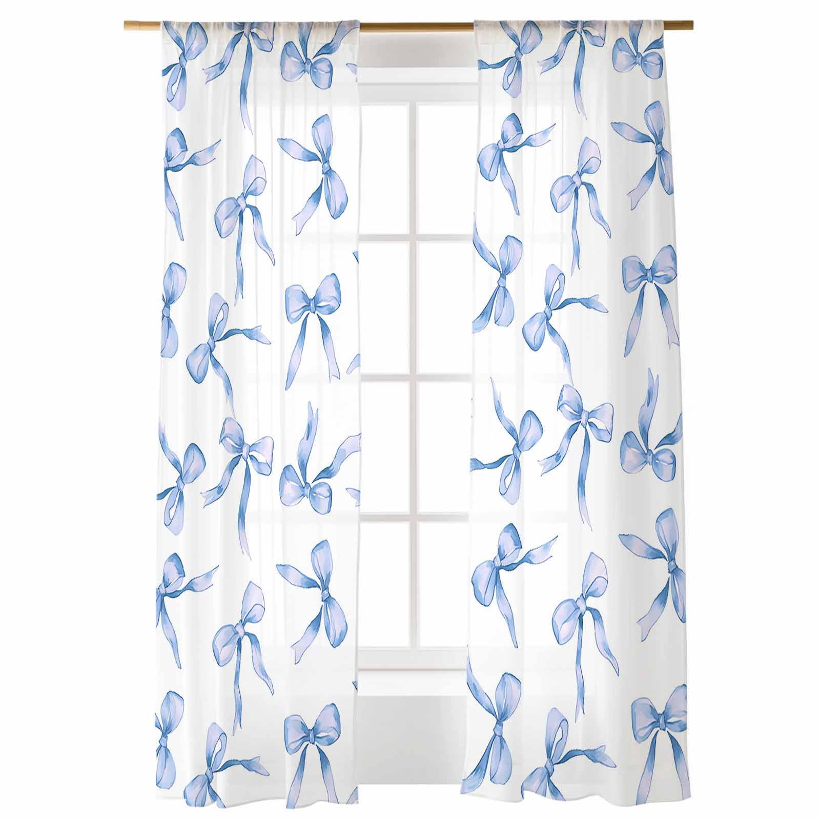 Blue Bow Sheer Curtains 84 inches Long, Watercolor Bow Retro Cute Light ...