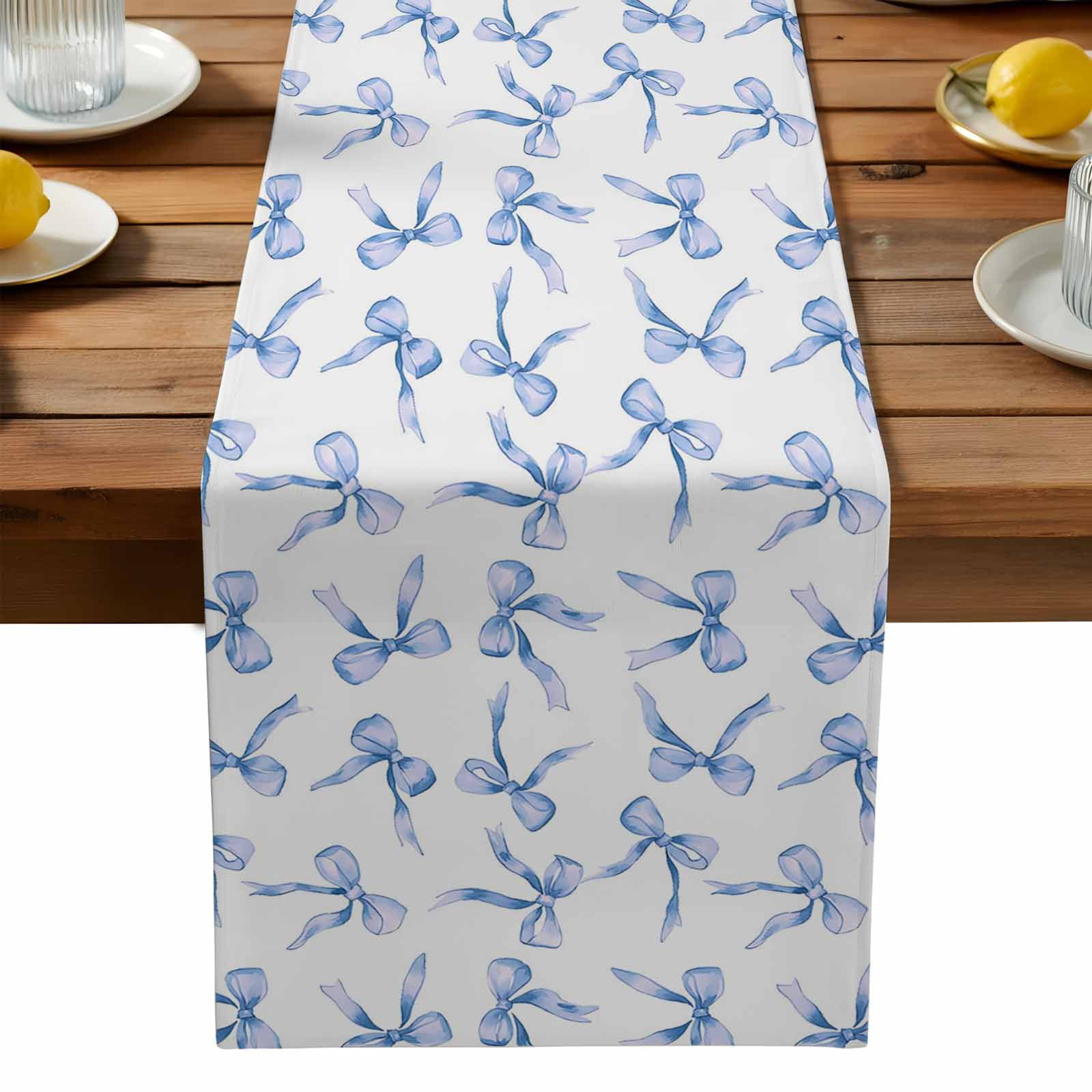 Blue Bow Table Runner, Watercolor Bow Kitchen Table Runners Dress ...