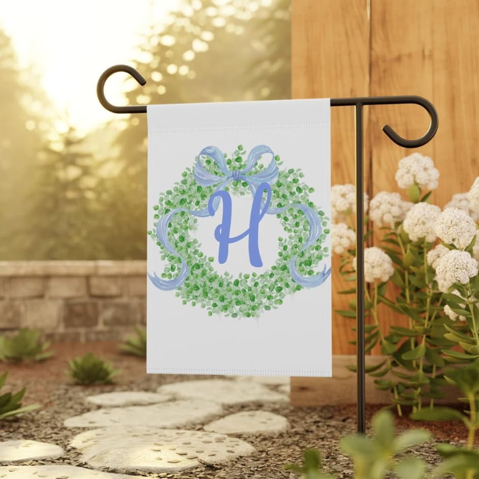 Blue Bow Wreath Crest Initial Monogram Spring Summer Garden Flag Porch ...