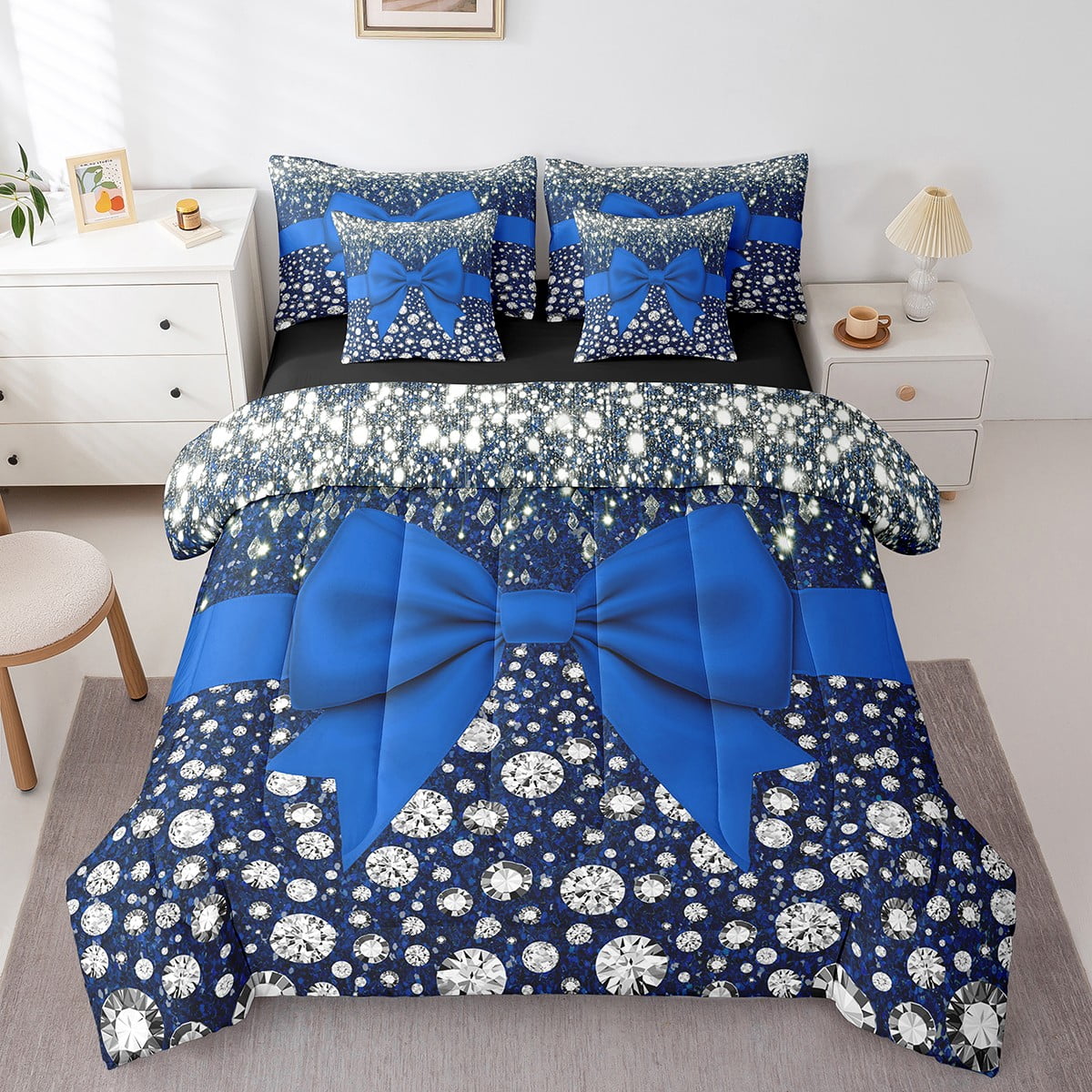 Blue Bowknot Bed in a Bag King Size Comforter Set 7 Pieces,Kawaii Bow ...