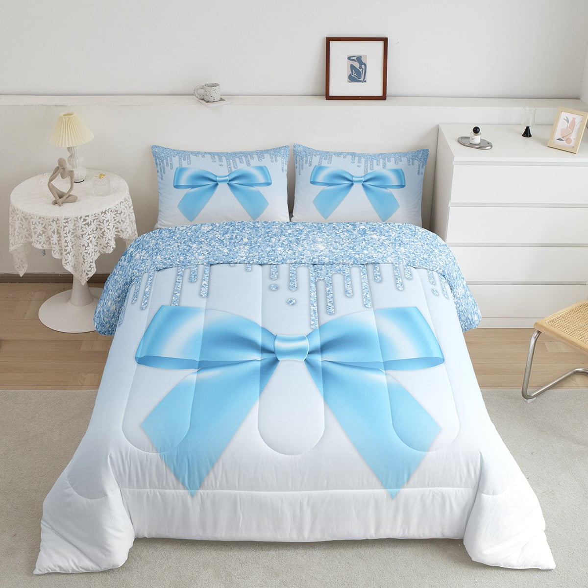 Blue Bowknot Comforter Set Abstract Sequin Fluid Full Bedding Sets for ...