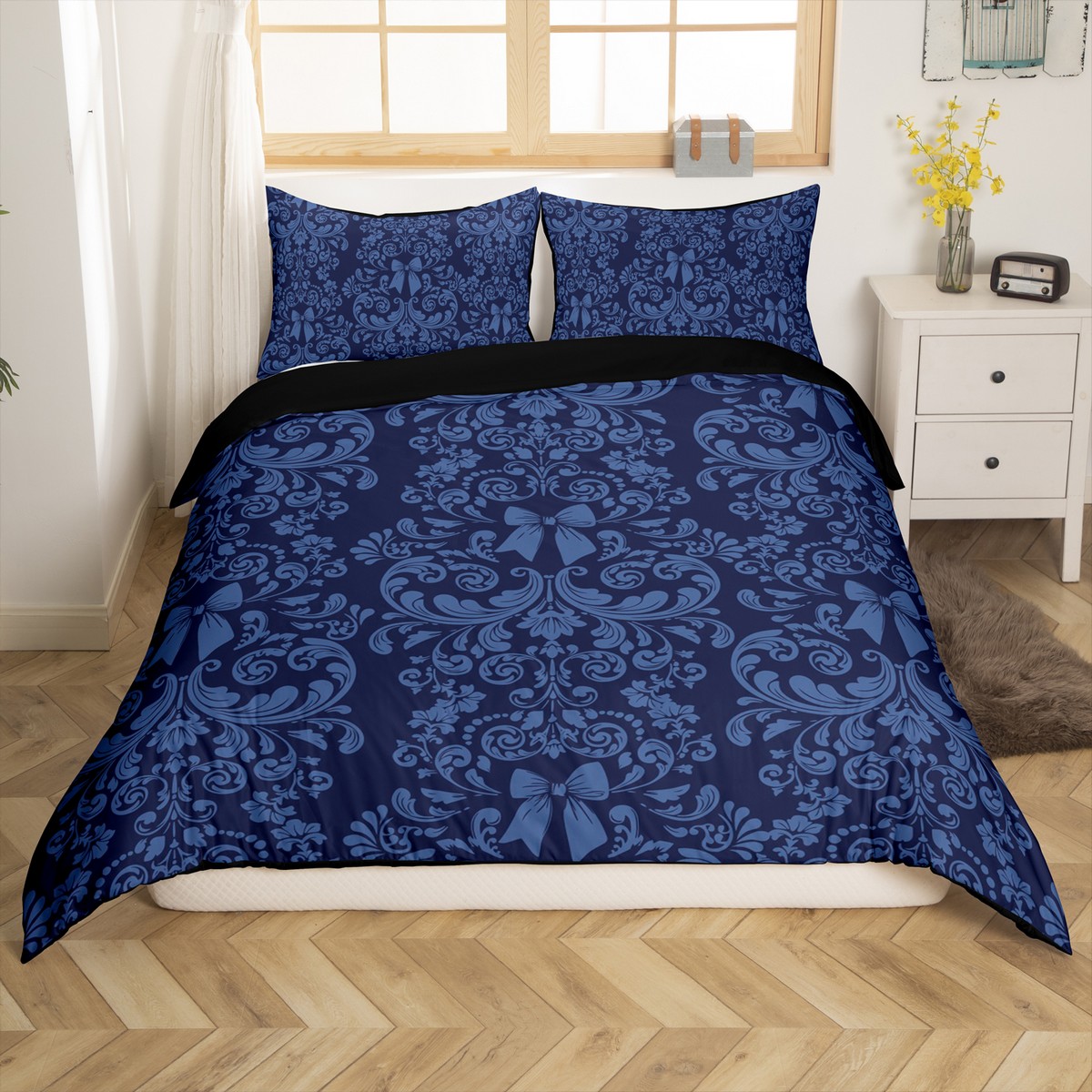 Blue Bowknot Duvet Cover Set Antique Victorian Damask Comforter Cover ...