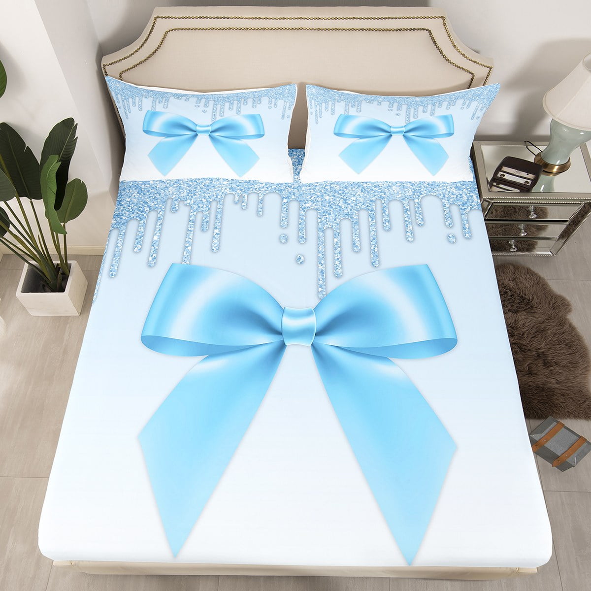 Blue Bowknot Fitted Sheet Abstract Sequin Fluid Queen Bed Sheets for ...