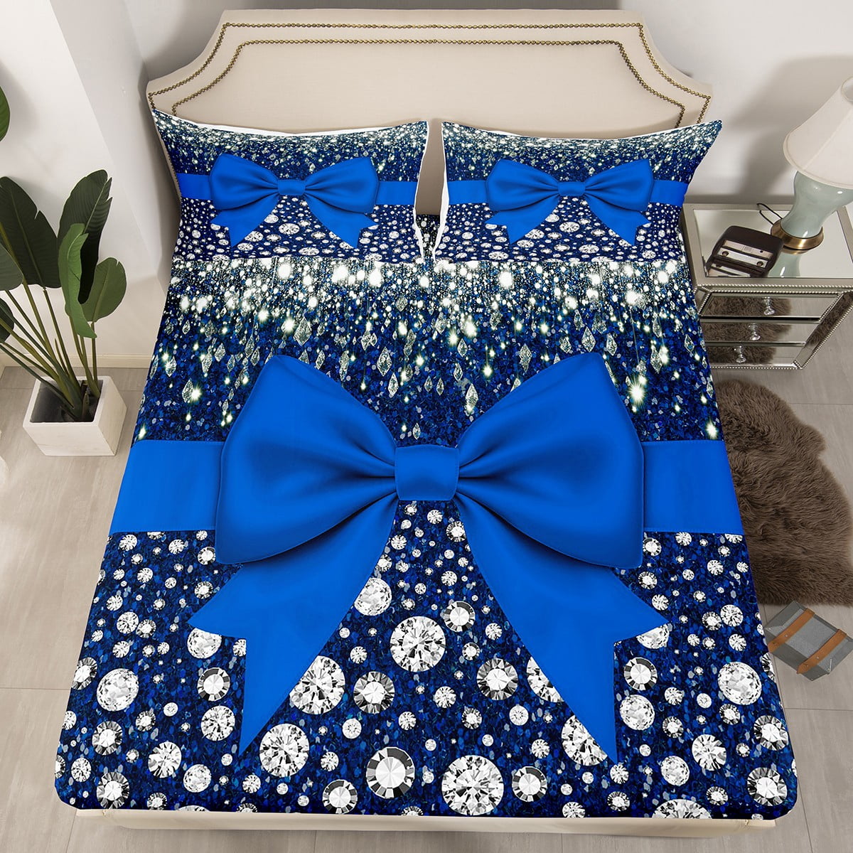 Blue Bowknot Fitted Sheet Kawaii Bow Knot Bed Sheets,Silk Ribbon Sheets ...