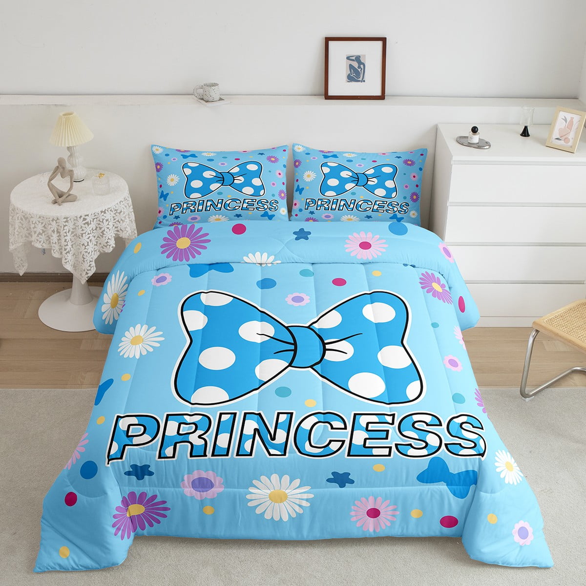 Blue Bowknot Comforter Set,Daisy Flowers Geometric Dot Patchwork ...