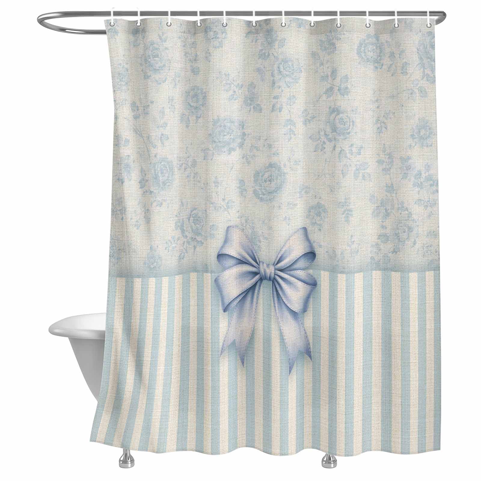 Blue Bowknot Shower Curtain, Distressed Rustic Blue Floral Stripes ...