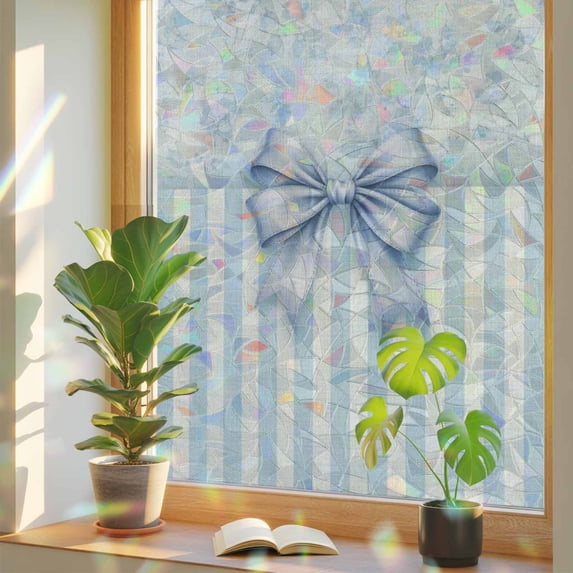 Blue Bowknot Window Privacy Film, Distressed Rustic Blue Floral Stripes ...
