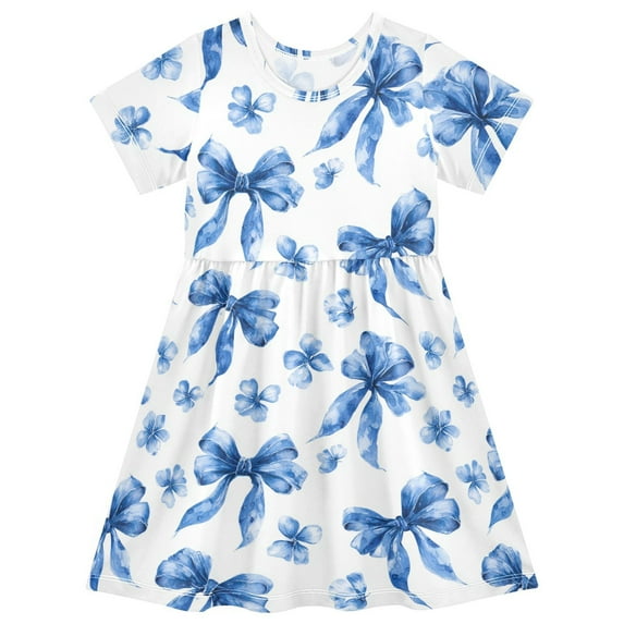 Blue Bows and Floral Short Sleeve Dress A-Line Cute Midi Casual ...