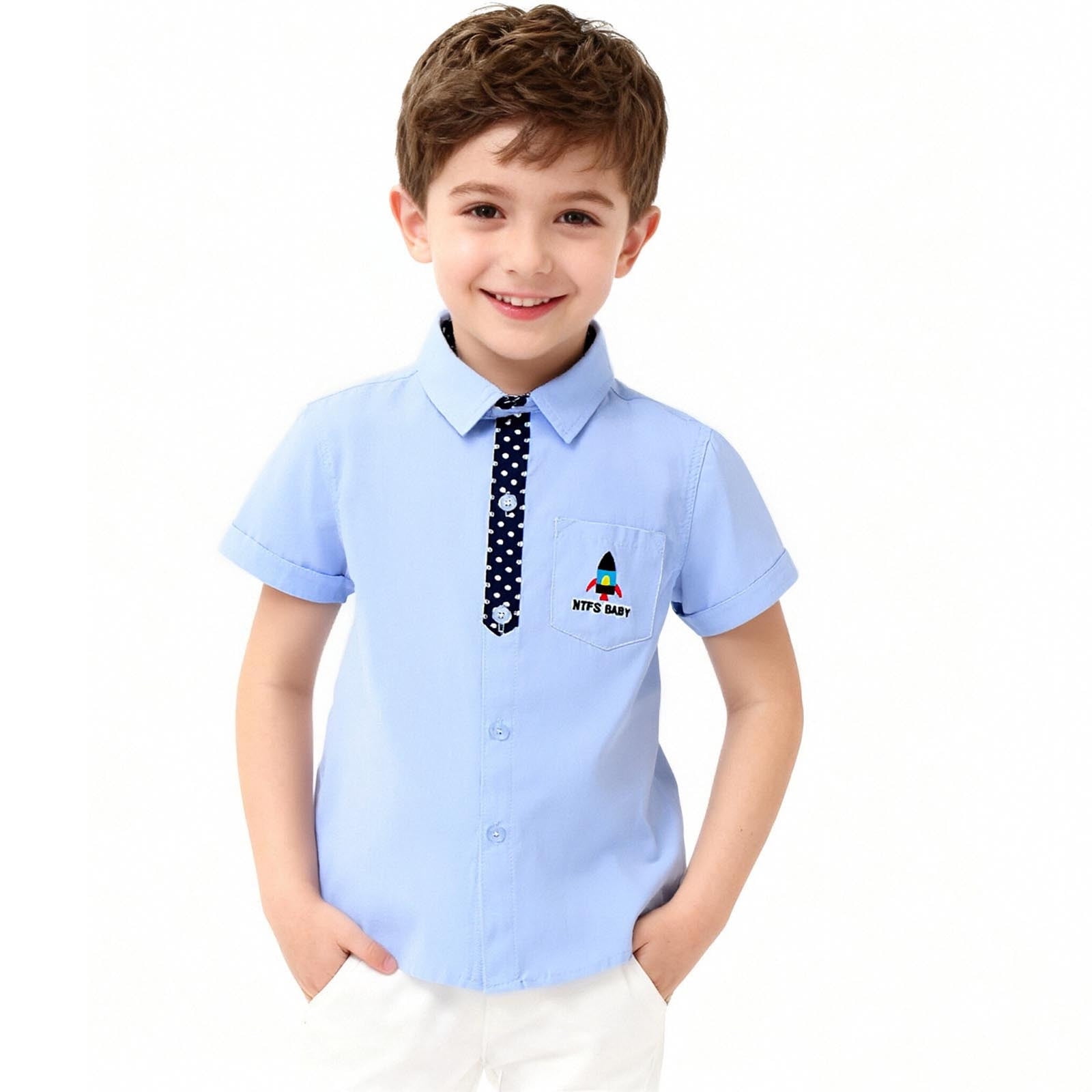 Blue Boys Short Sleeve Button Up Shirt, 100% Cotton Casual Collared ...