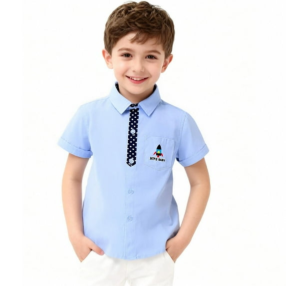 Blue Boys Short Sleeve Button Up Shirt, 100% Cotton Casual Collared ...