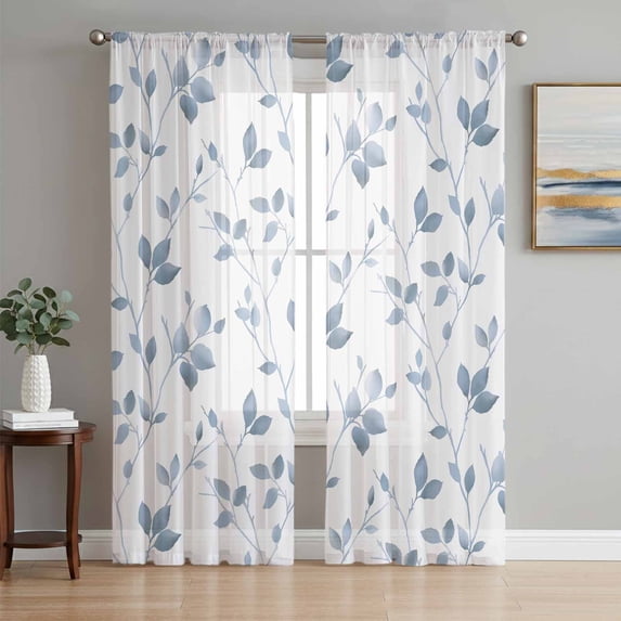 Blue Branches Leaves Sheer Curtains 84 Inch Length 2 Panels Set, Spring ...