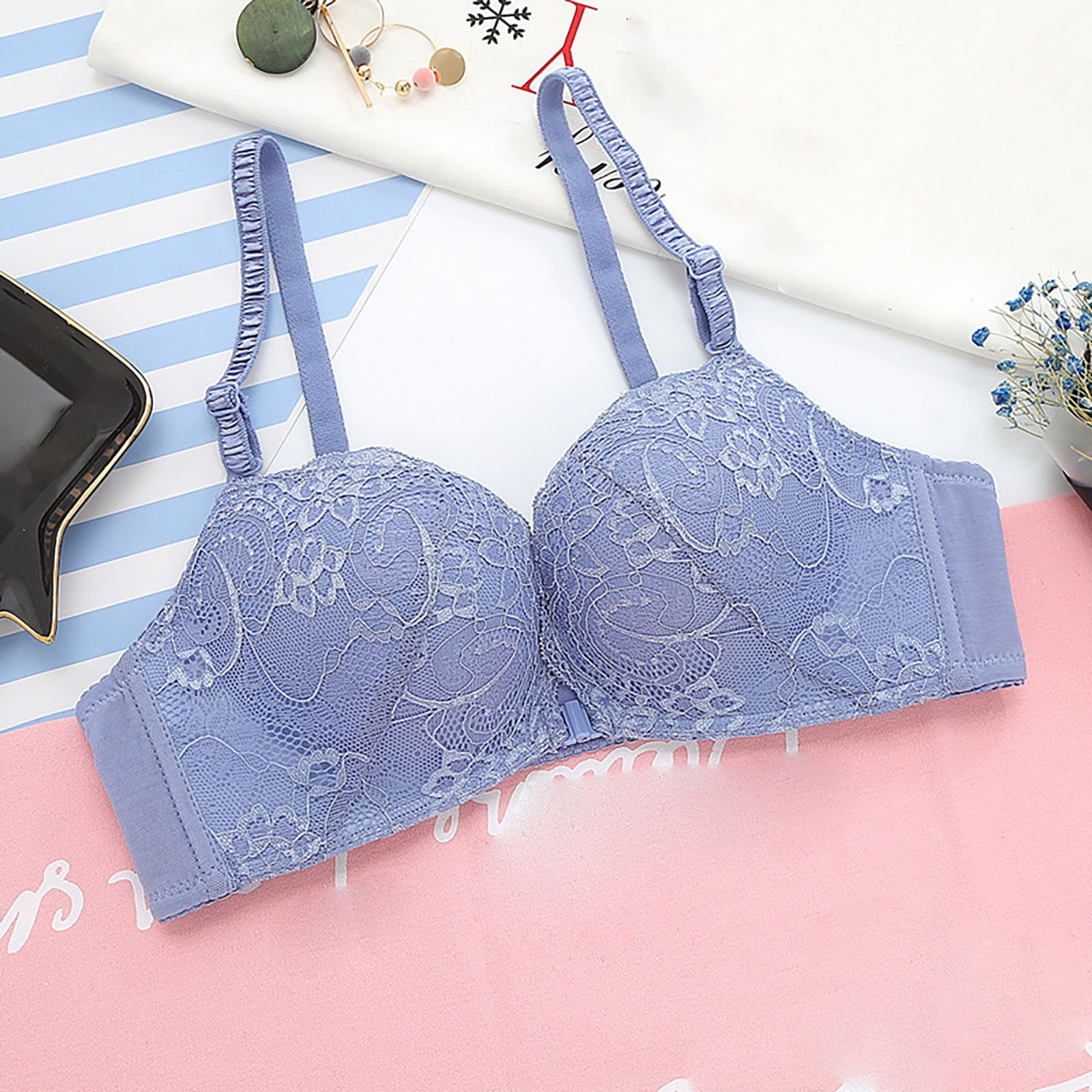 Blue Bras for Womens No Steel Ring French Womens Front Close Bra T Back ...
