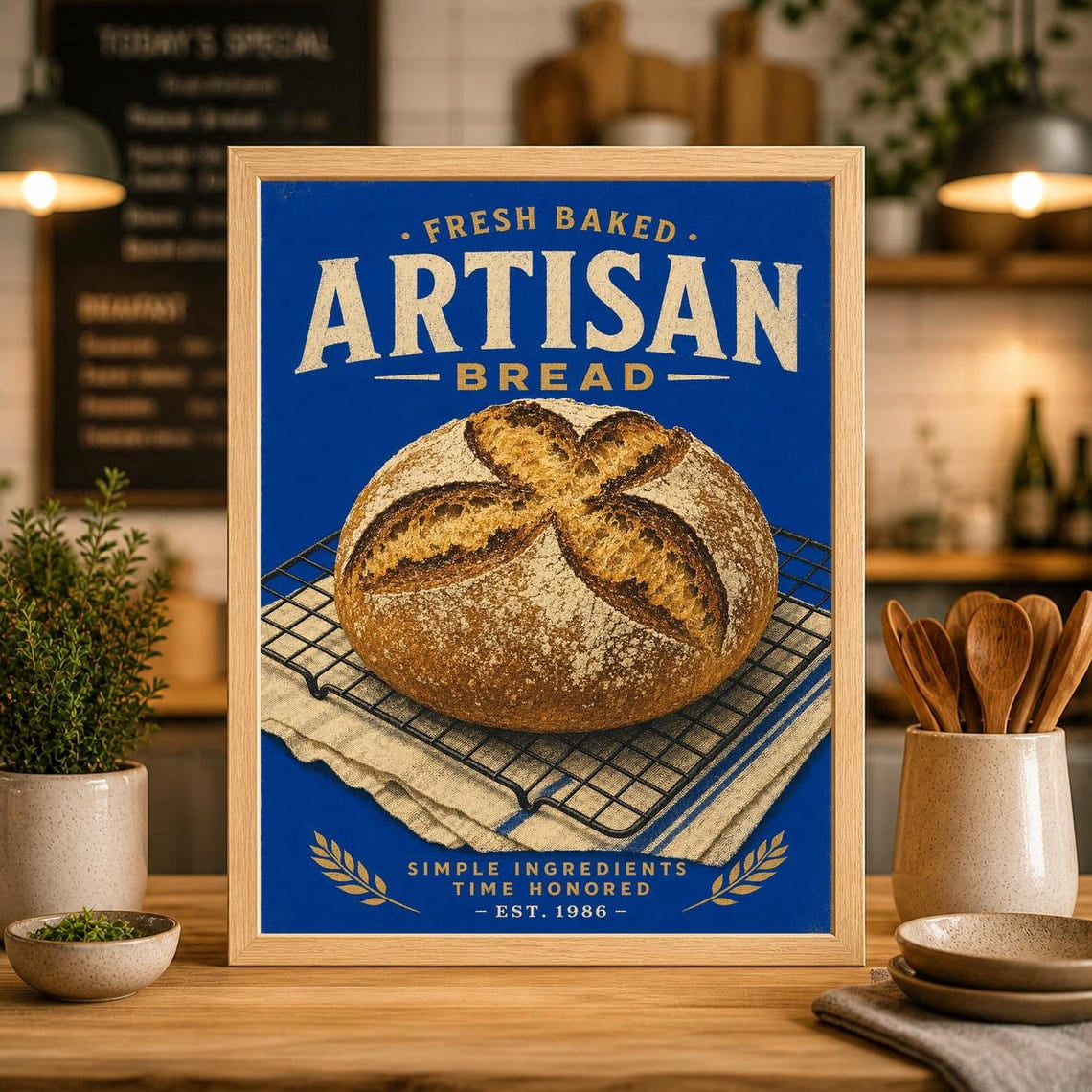 Blue Bread Poster, Sourdough Kitchen Wall Art, Unframed Paper Poster ...
