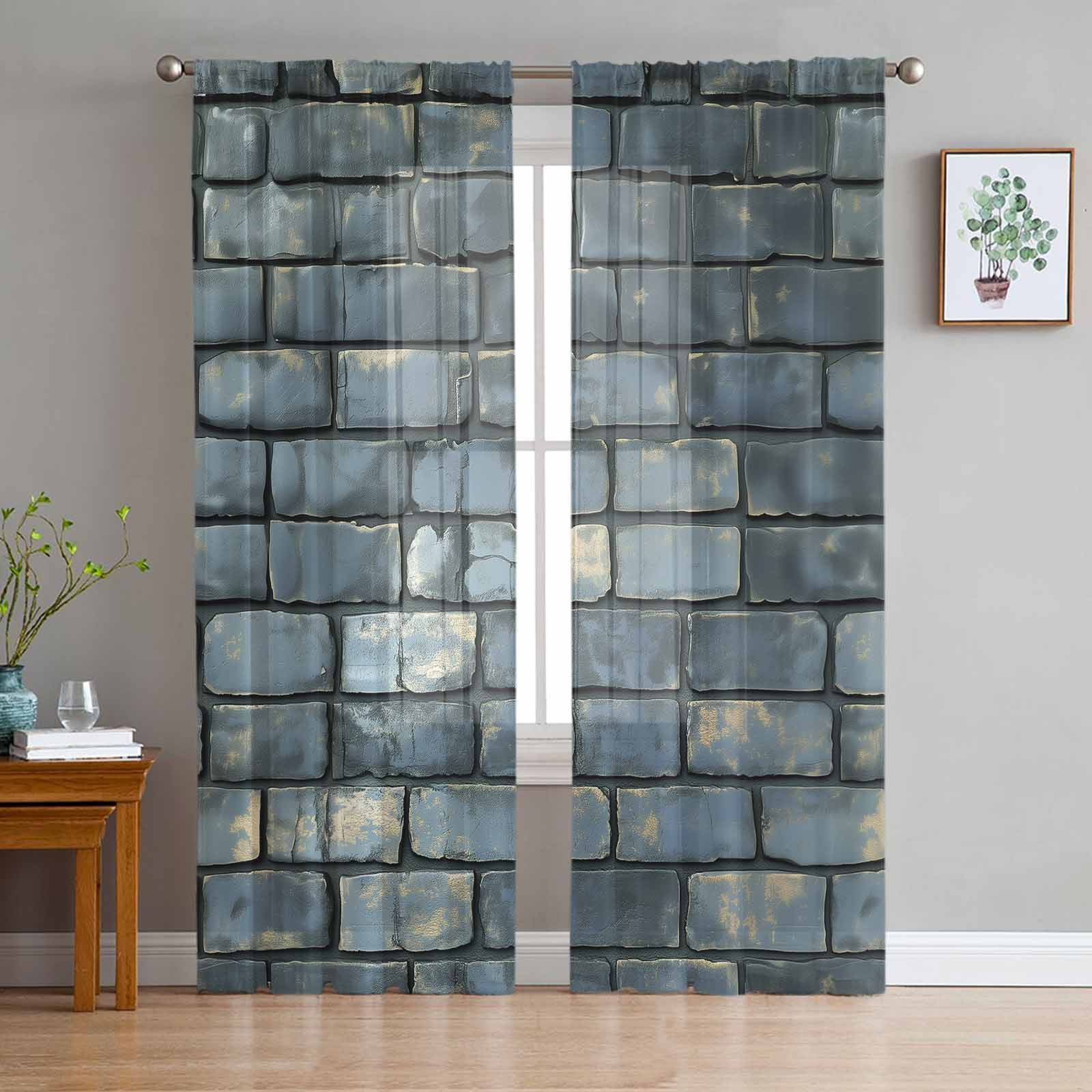 Blue Brick Wall Sheer Curtains 84 Inches Long 2 Panels Set, Window ...