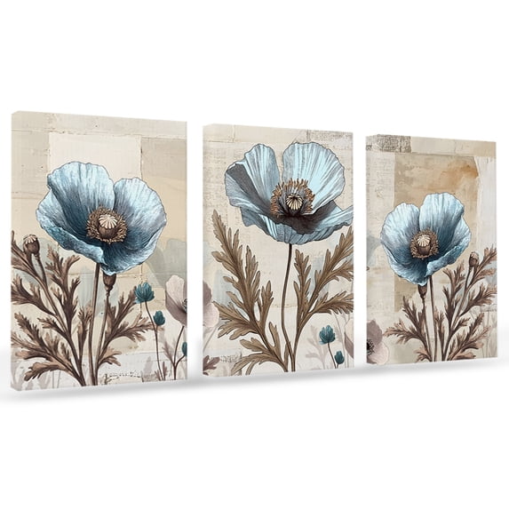 Blue Broccoli Canvas Wall Art 3 Panels, Rustic Farmhouse Floral Retro ...