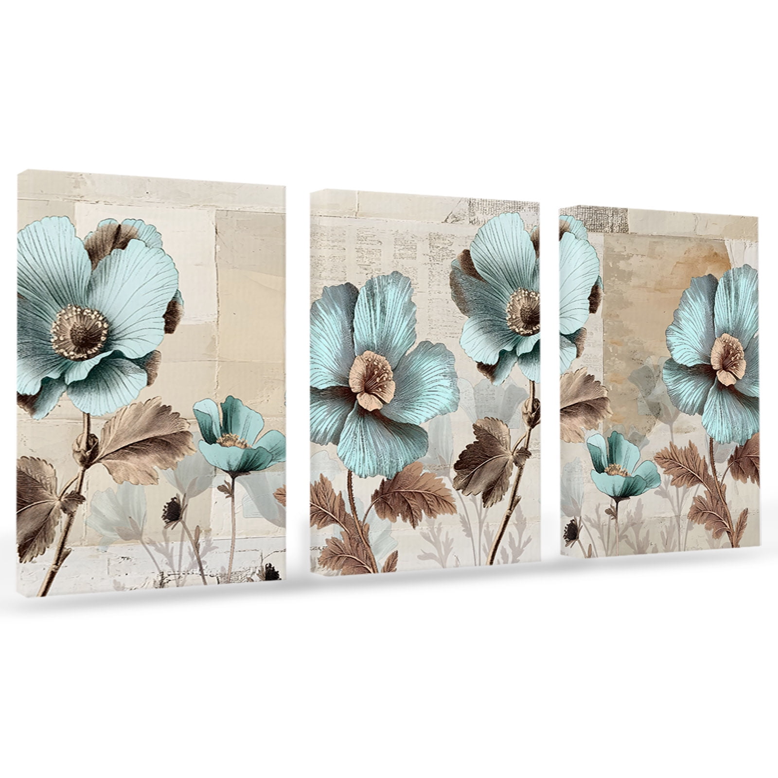 Blue Broccoli Canvas Wall Art 3 Panels, Vintage Flowers Victorian Style ...