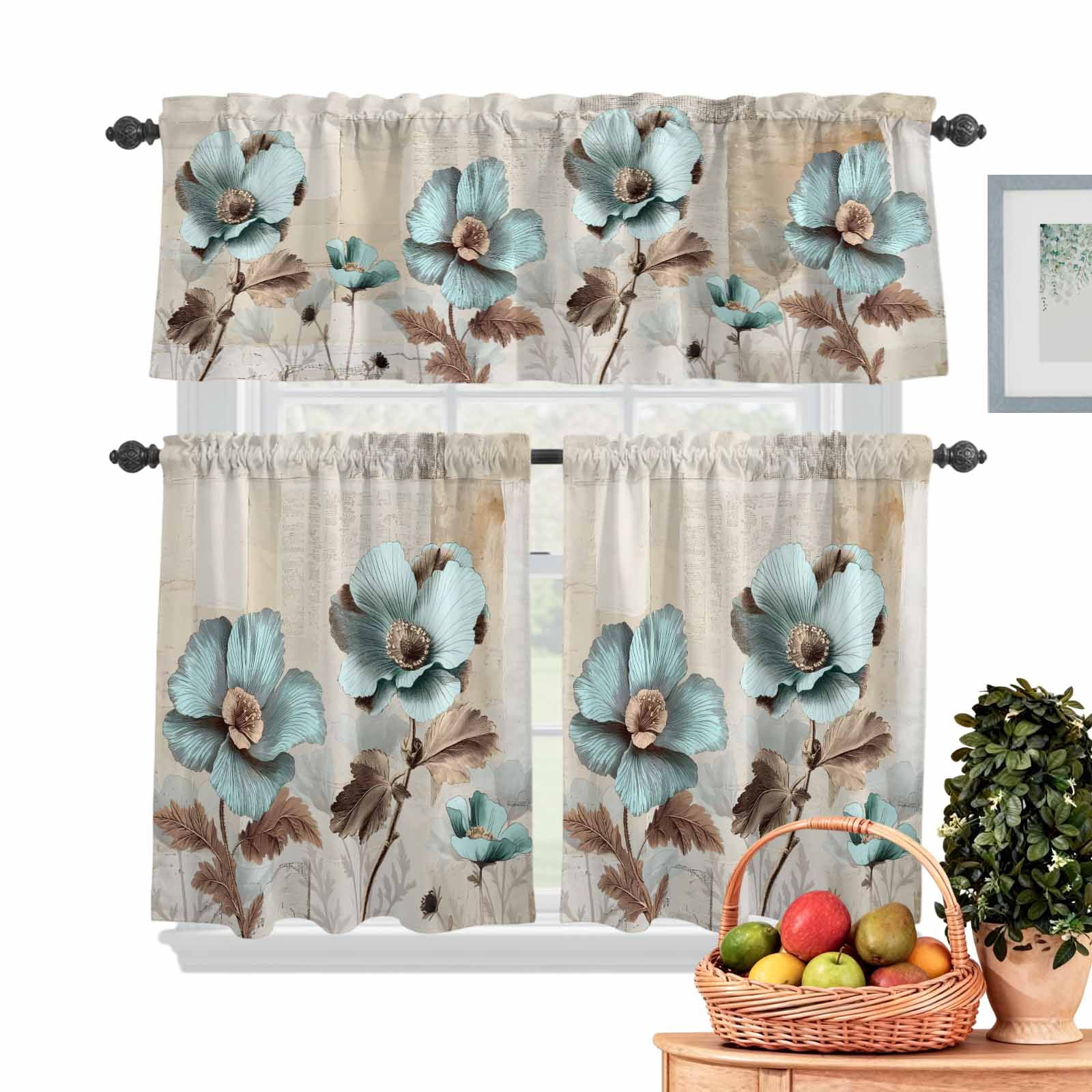 Blue Broccoli Kitchen Curtains Valances 3 Piece Set, Vintage Flowers ...