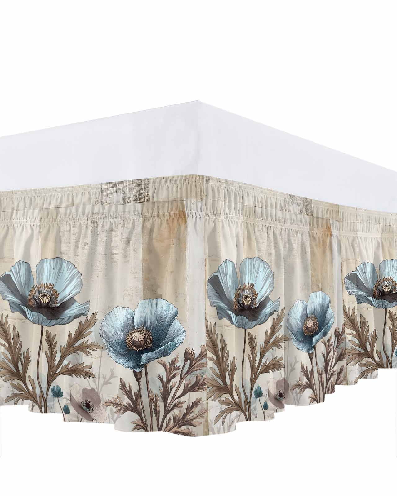 Blue Broccoli Ruffle Bed Skirt Queen Size Rustic Farmhouse Floral Retro ...