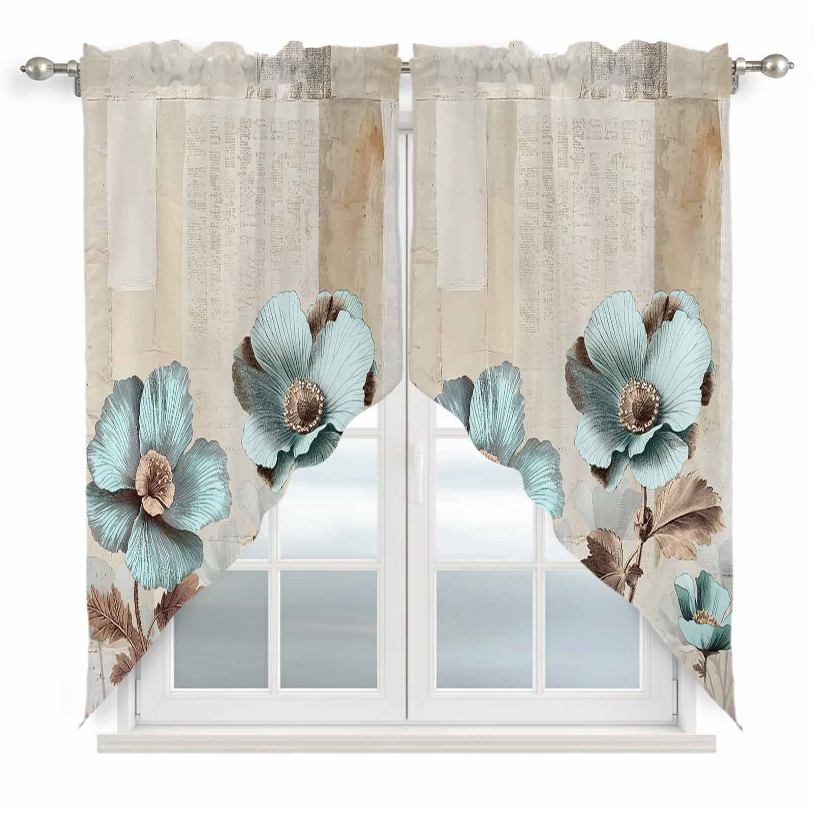 Blue Broccoli Swag Curtain Valance for Window 2 Panels Vintage Flowers ...