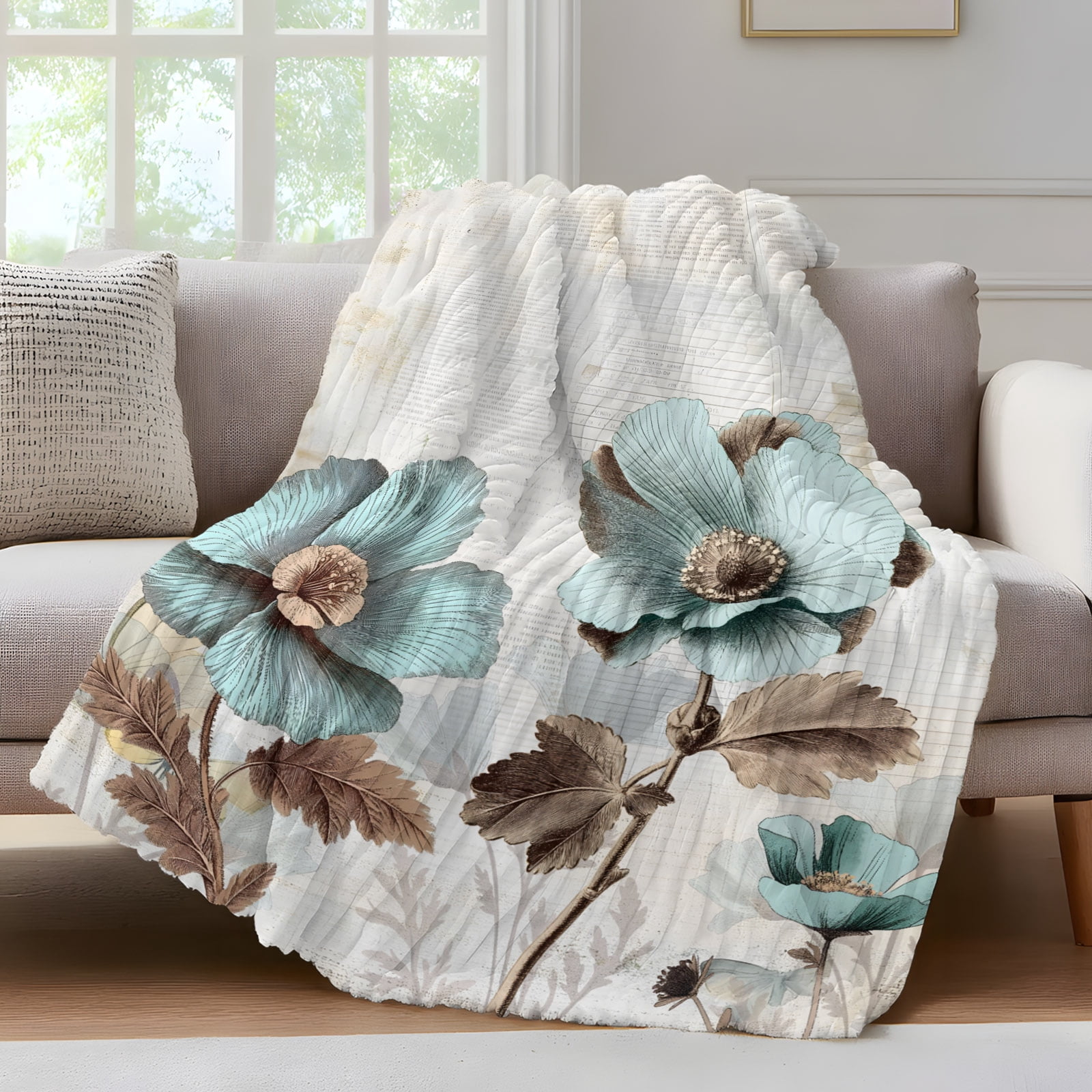 Blue Broccoli Throw Blanket for Couch Vintage Flower Victorian Style ...